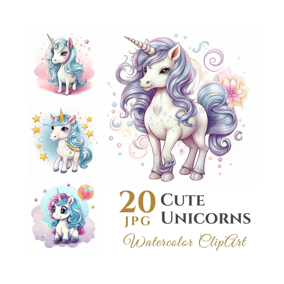 20 Cute Unicorns Watercolor Clipart Bundle, Fantasy Art, Digital High ...