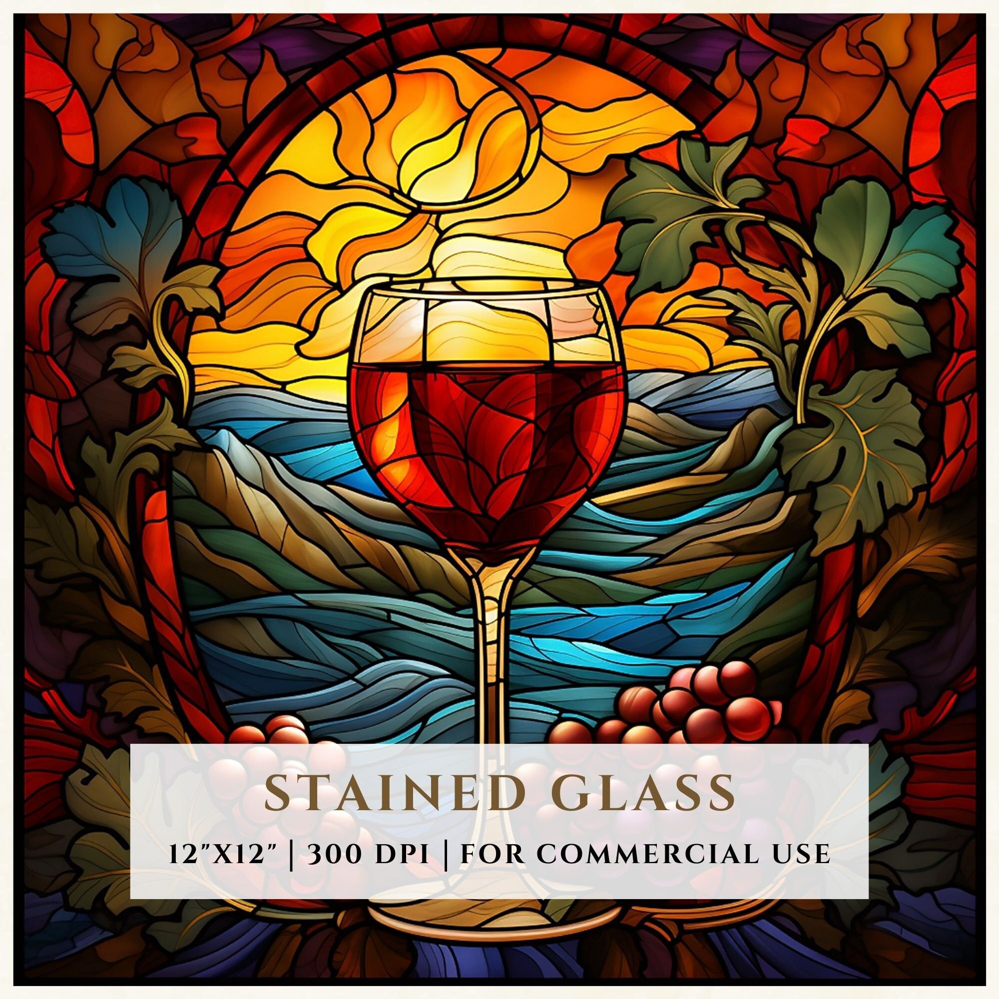 Glass of Wine Stained Glass Pattern, Sublimation Designs, Stained Glass ...