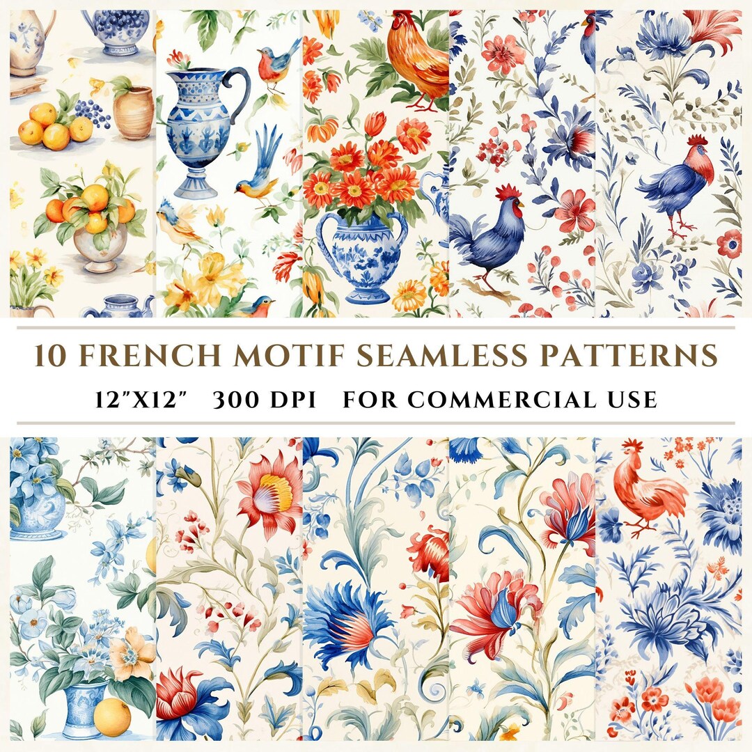 10 French Country Motif Seamless Patterns, Watercolor Style Digital ...