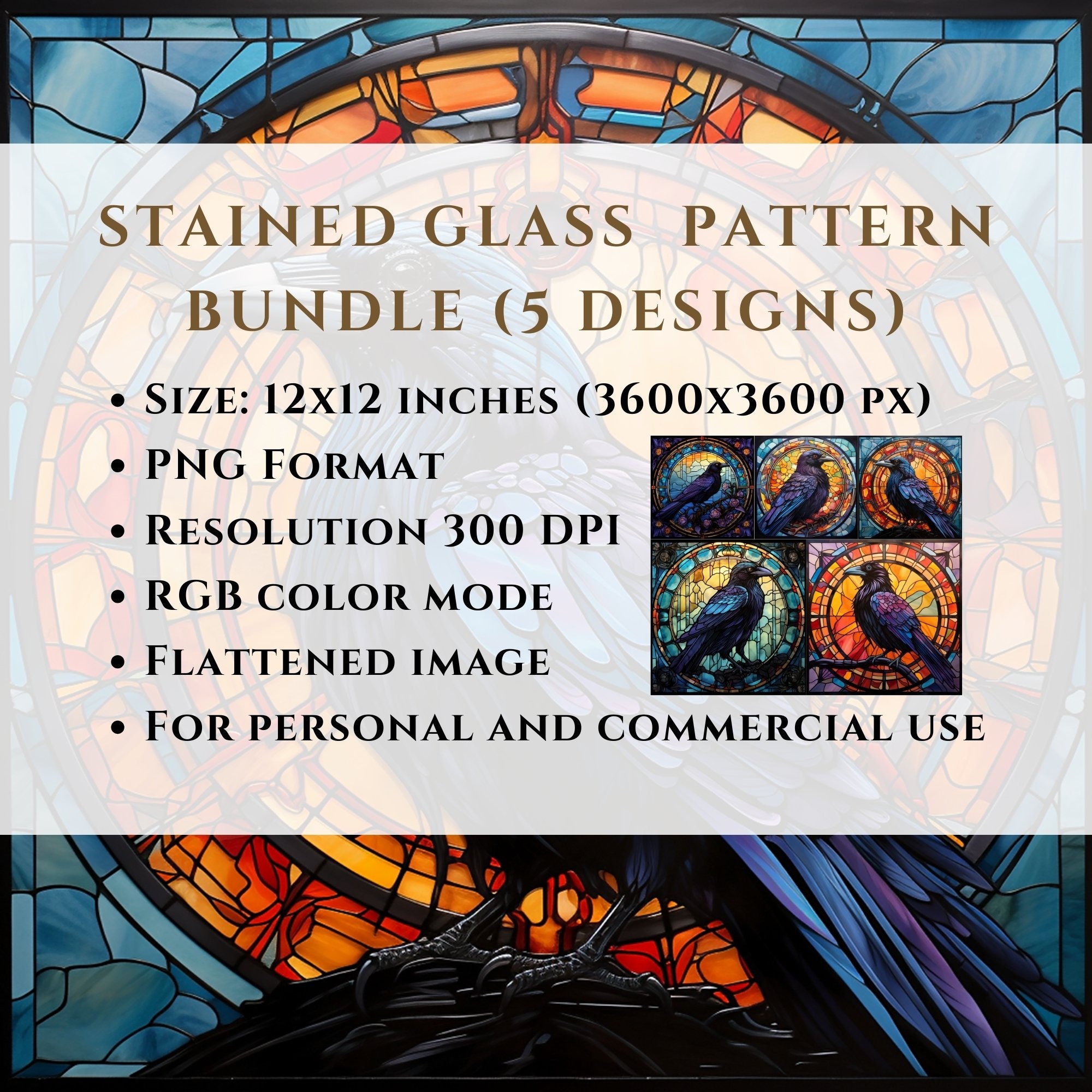 5 Raven Stained Glass Pattern Bundle, Sublimation Designs, Stained ...
