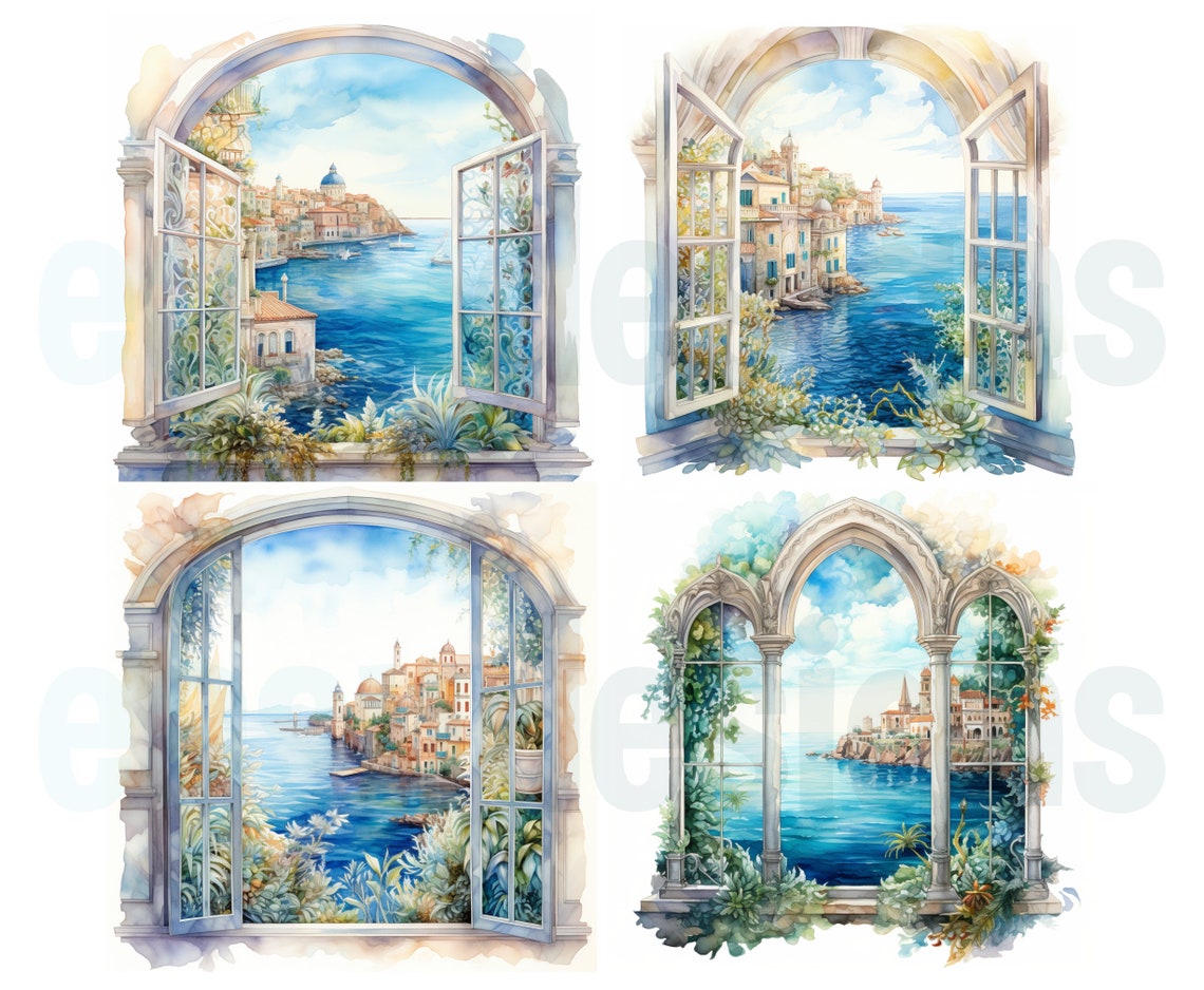 20 Mediterranean Window View Watercolor Clipart Bundle, Digital ...