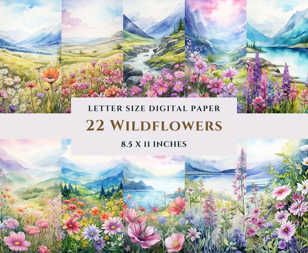 22 Wildflowers Printable Digital Paper Bundle, Watercolor, Letter Size ...
