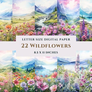 22 Wildflowers Printable Digital Paper Bundle, Watercolor, Letter Size ...