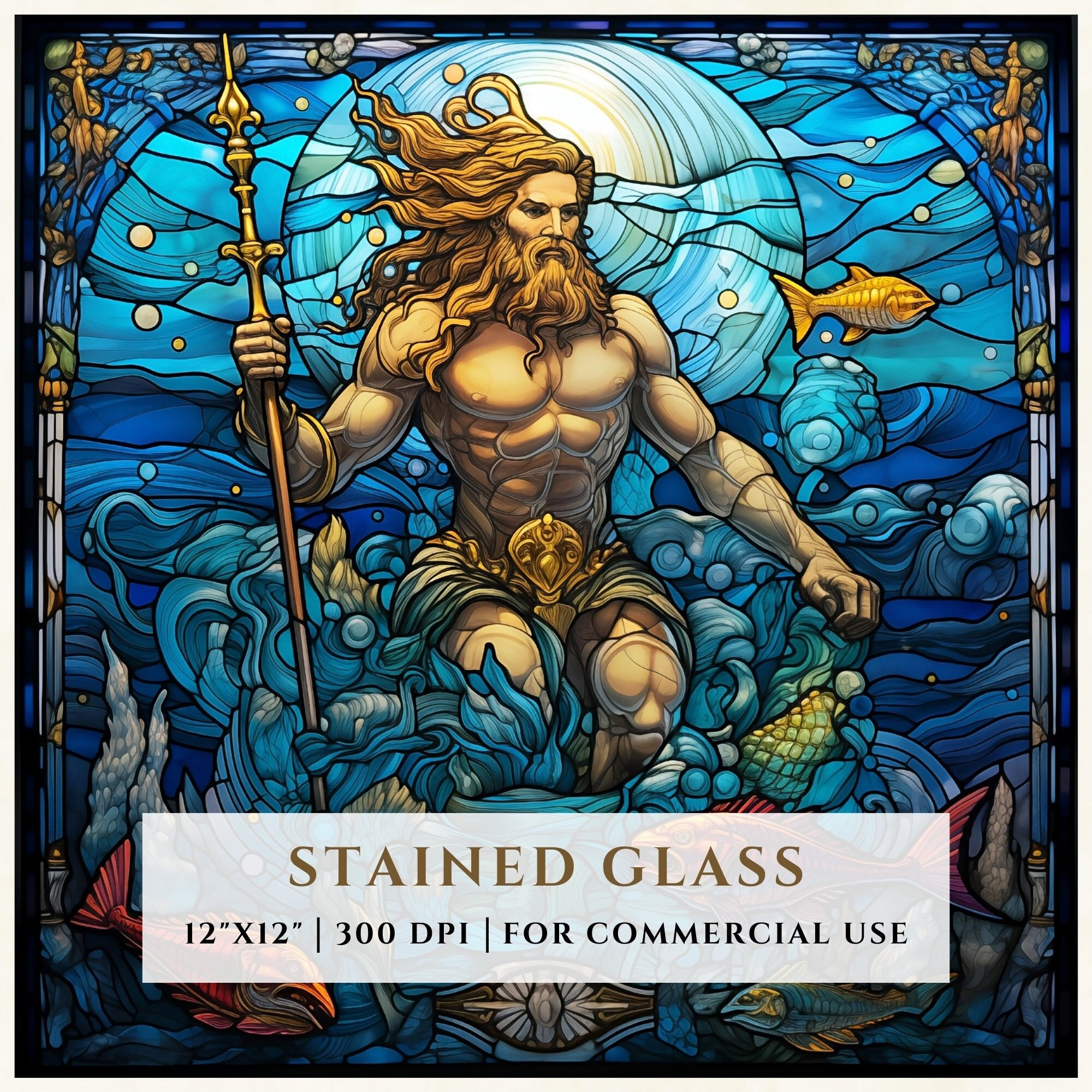 Neptune Stained Glass Pattern, Sea God, Sublimation Designs, Stained ...