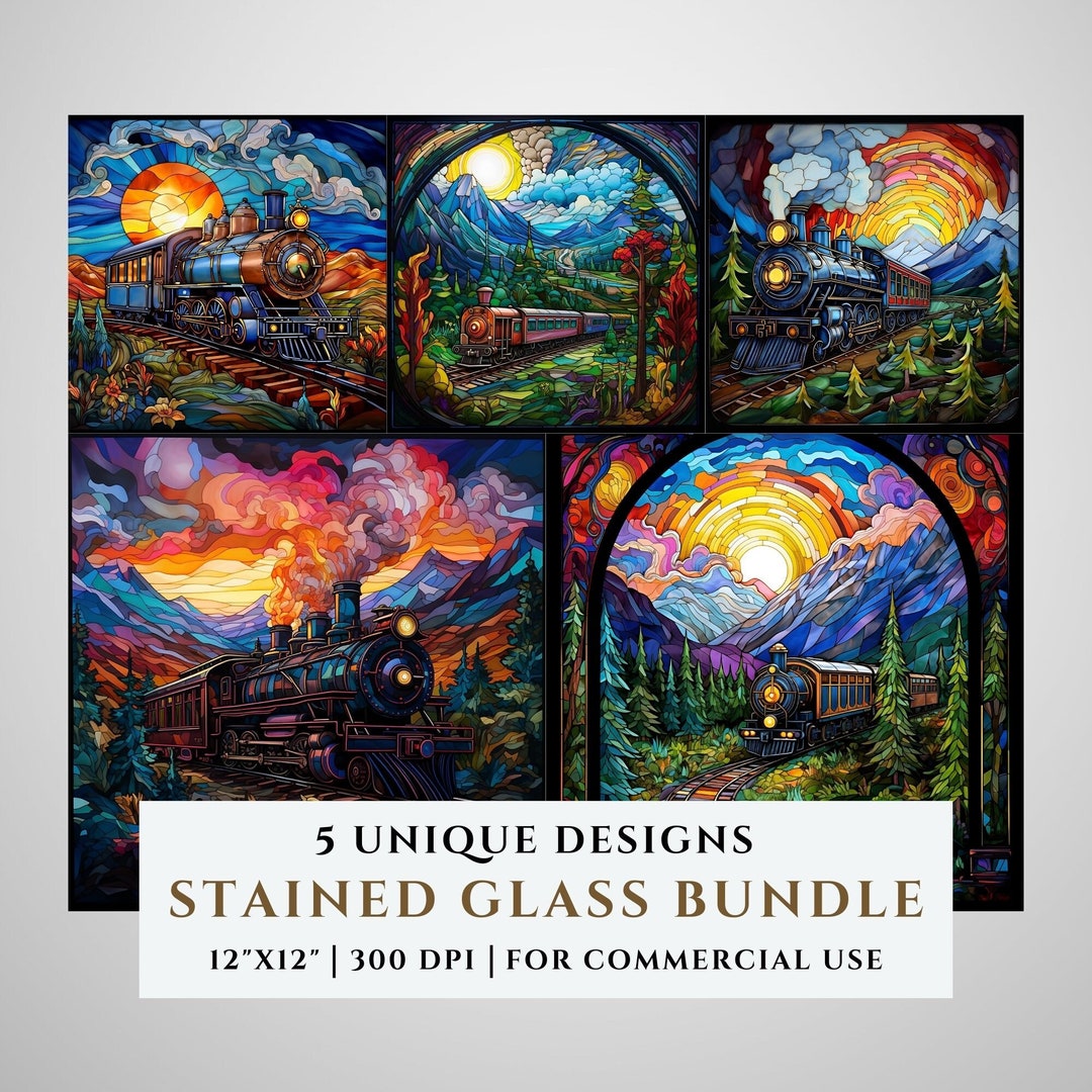 5 Train Stained Glass Pattern Bundle, Sublimation Designs, Stained ...