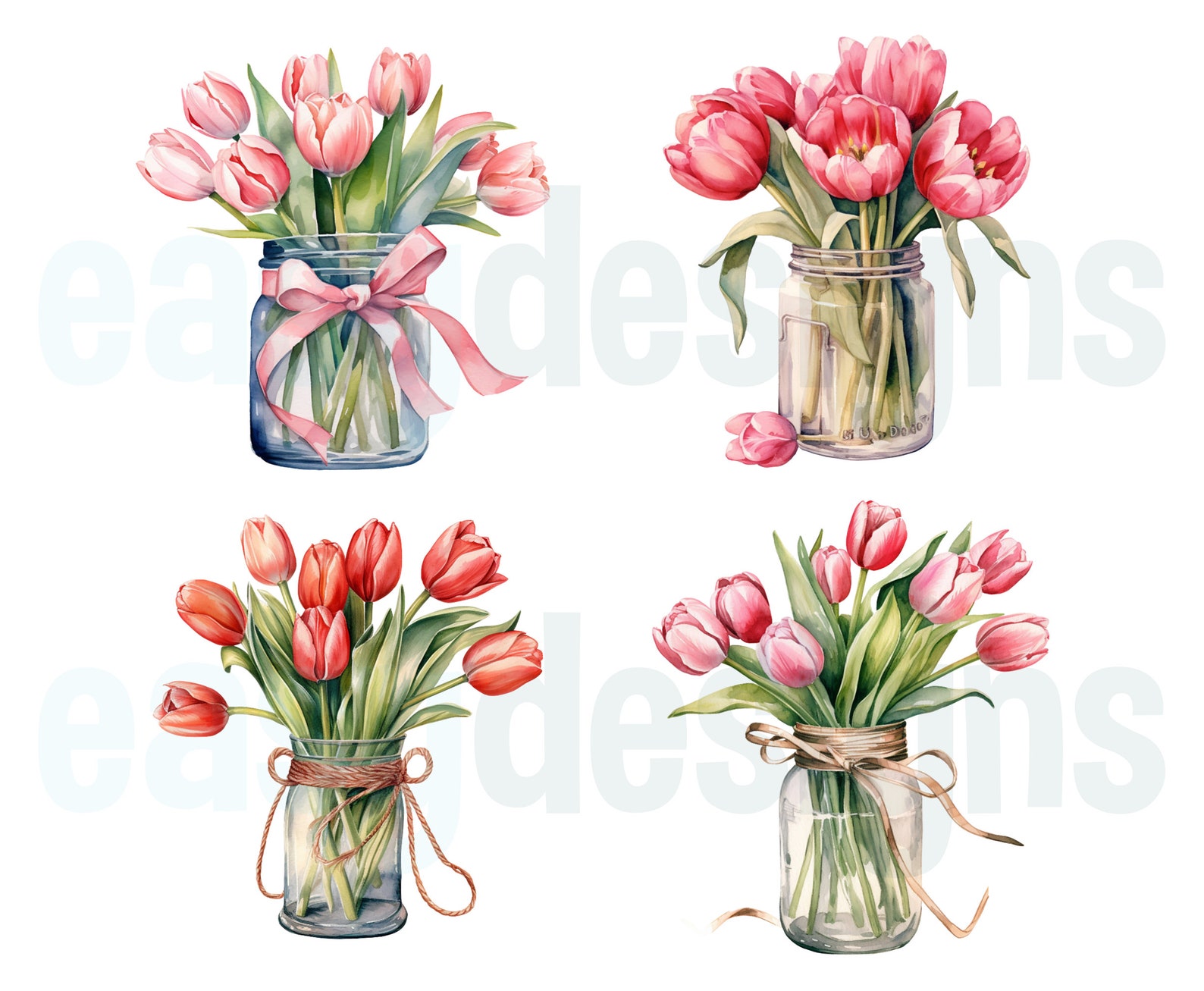 24 Tulip Flowers Watercolor Clipart Bundle, Transparent Background PNG ...