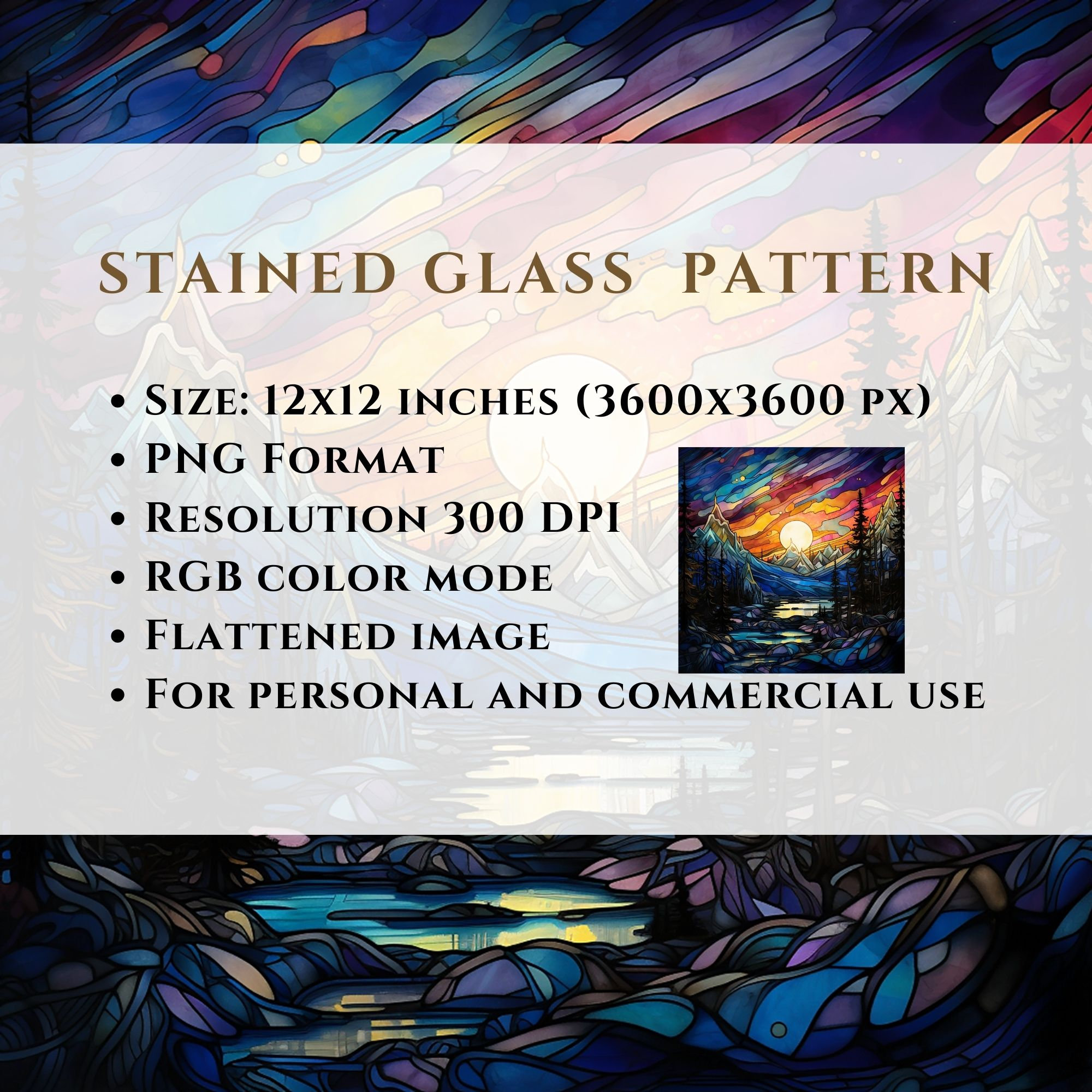 Northern Lights Stained Glass Pattern, Sublimation Designs, Stained ...