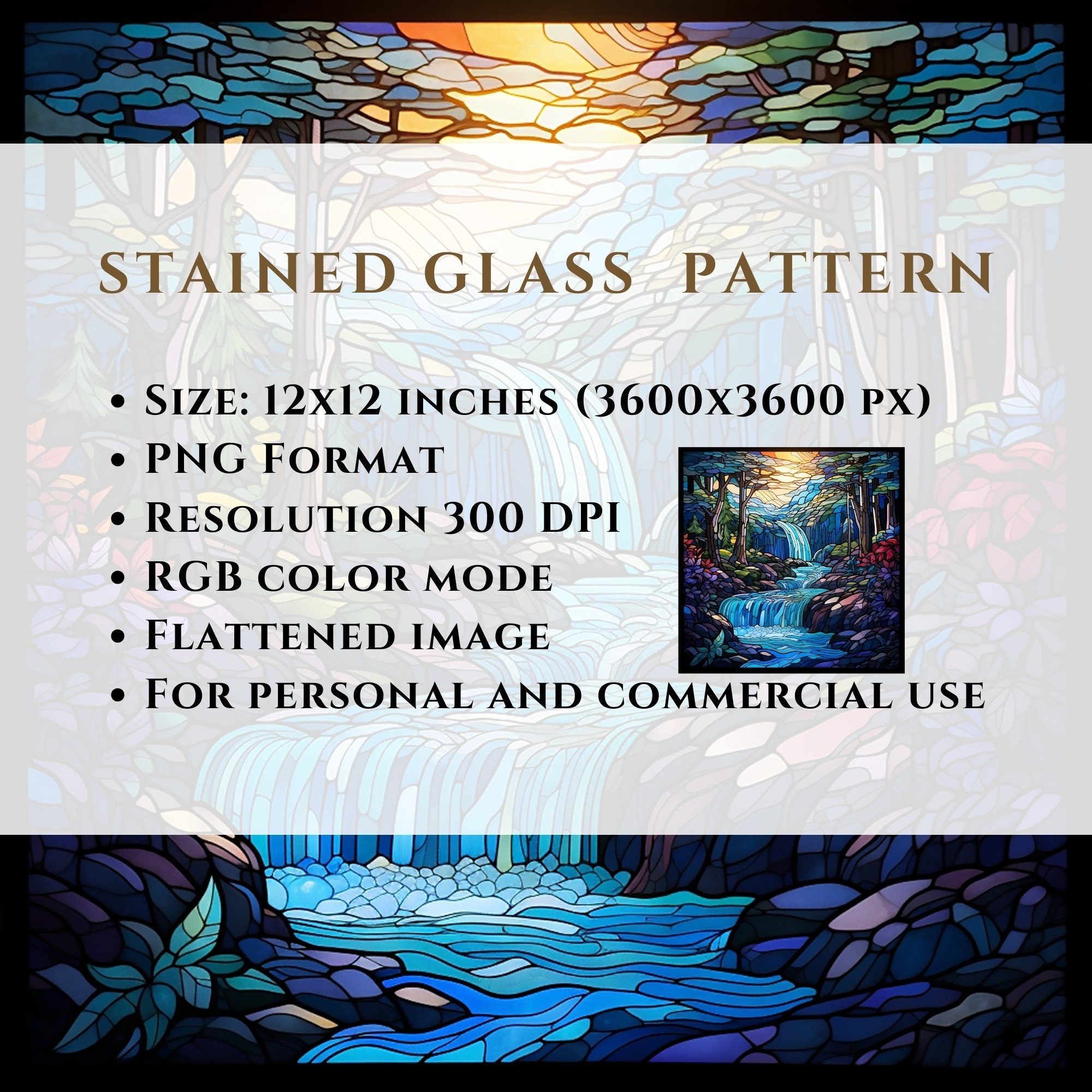 Waterfall Stained Glass Pattern, Sublimation Designs, Stained Glass PNG ...