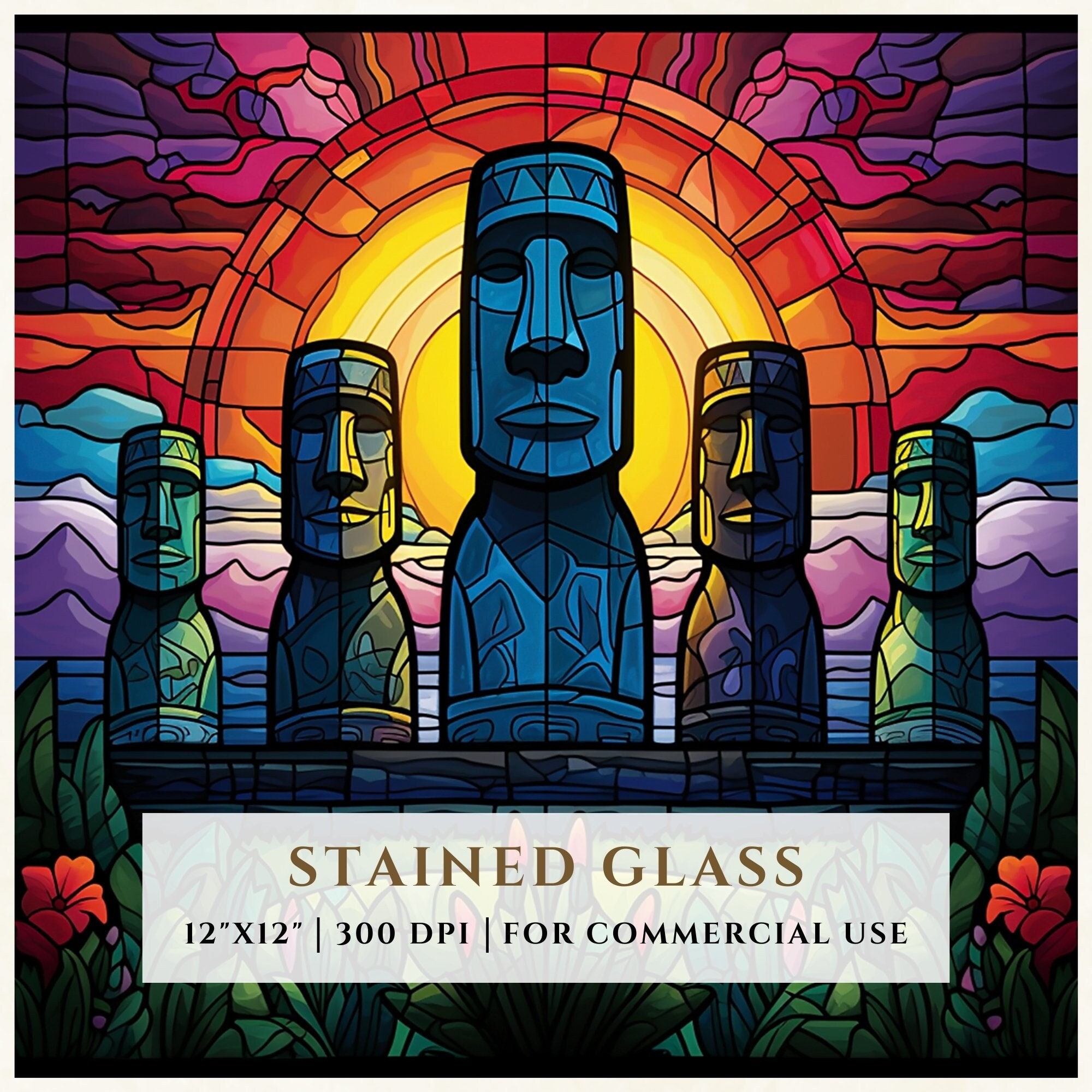 Easter Island Stained Glass Pattern, Moai Statues, Sublimation Designs ...