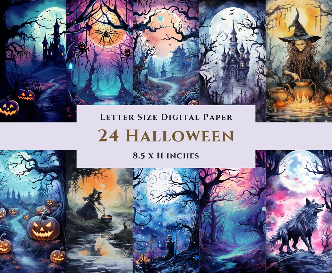 24 Halloween Printable Digital Paper Bundle, Watercolor, Letter Size ...