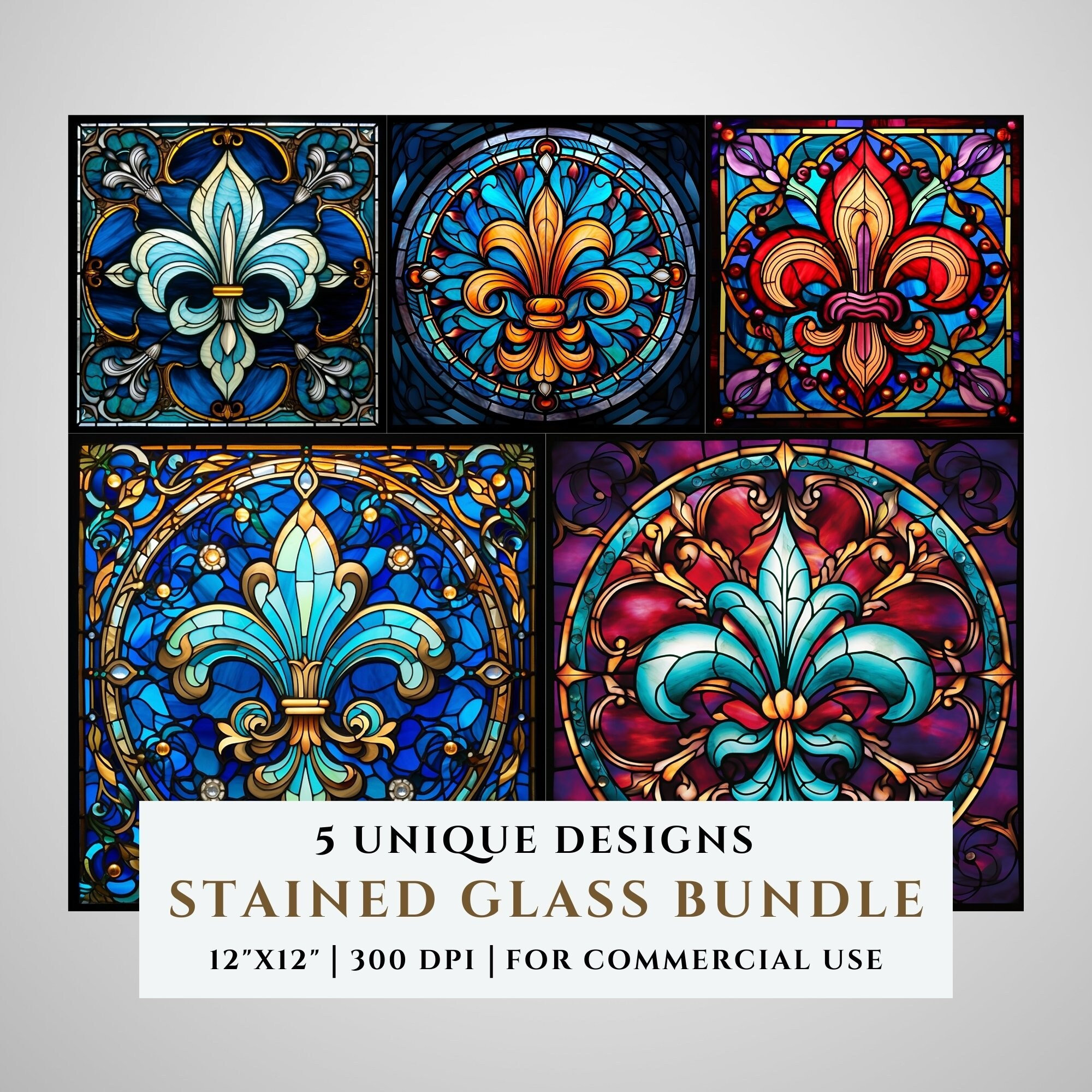 5 Fleur-de-lis Stained Glass Pattern Bundle, Sublimation Designs ...