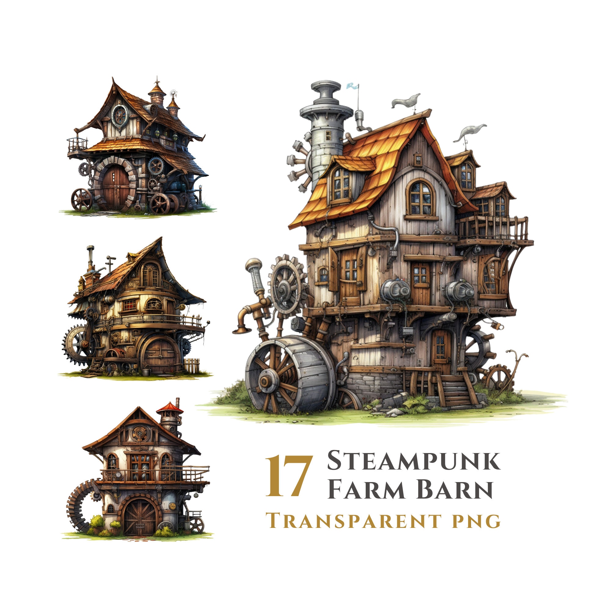 17 Steampunk Farm Barn Clipart Bundle, Digital Download PNG Files ...