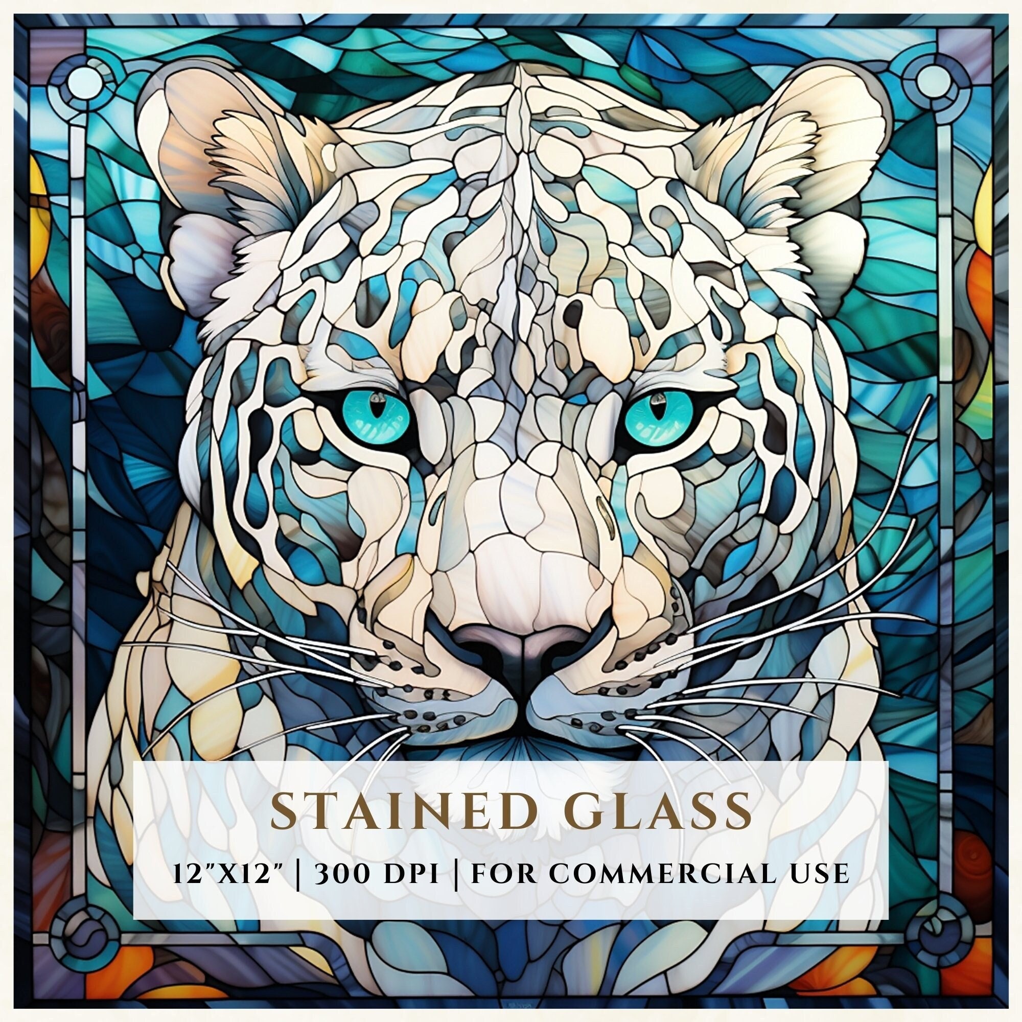 Snow Leopard Stained Glass Pattern, Sublimation Designs, Stained Glass ...