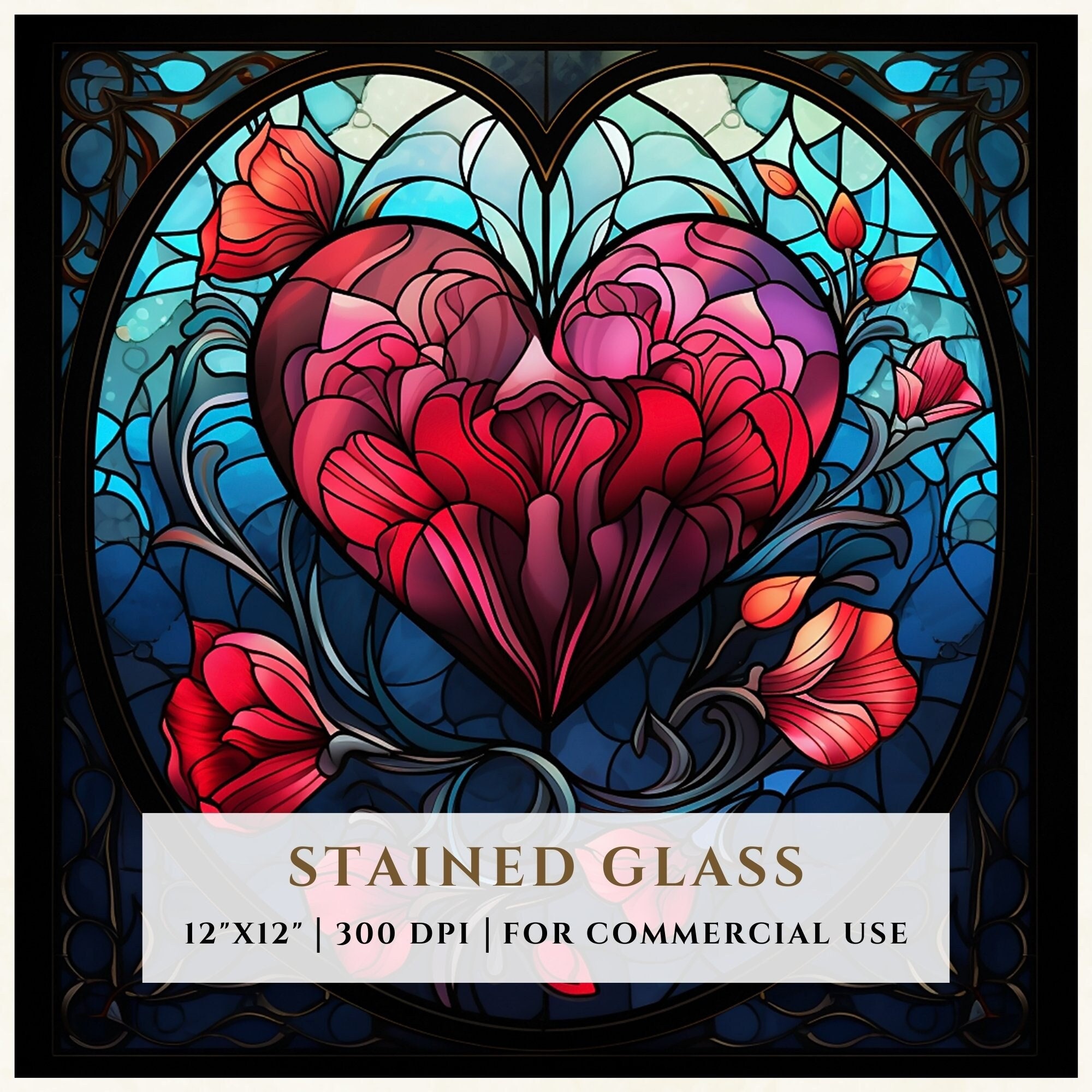 Heart Valentine Motifs Stained Glass Pattern, Sublimation Designs ...