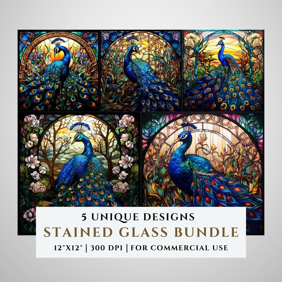 5 Peacock Stained Glass Pattern Bundle, Sublimation Designs, Stained ...