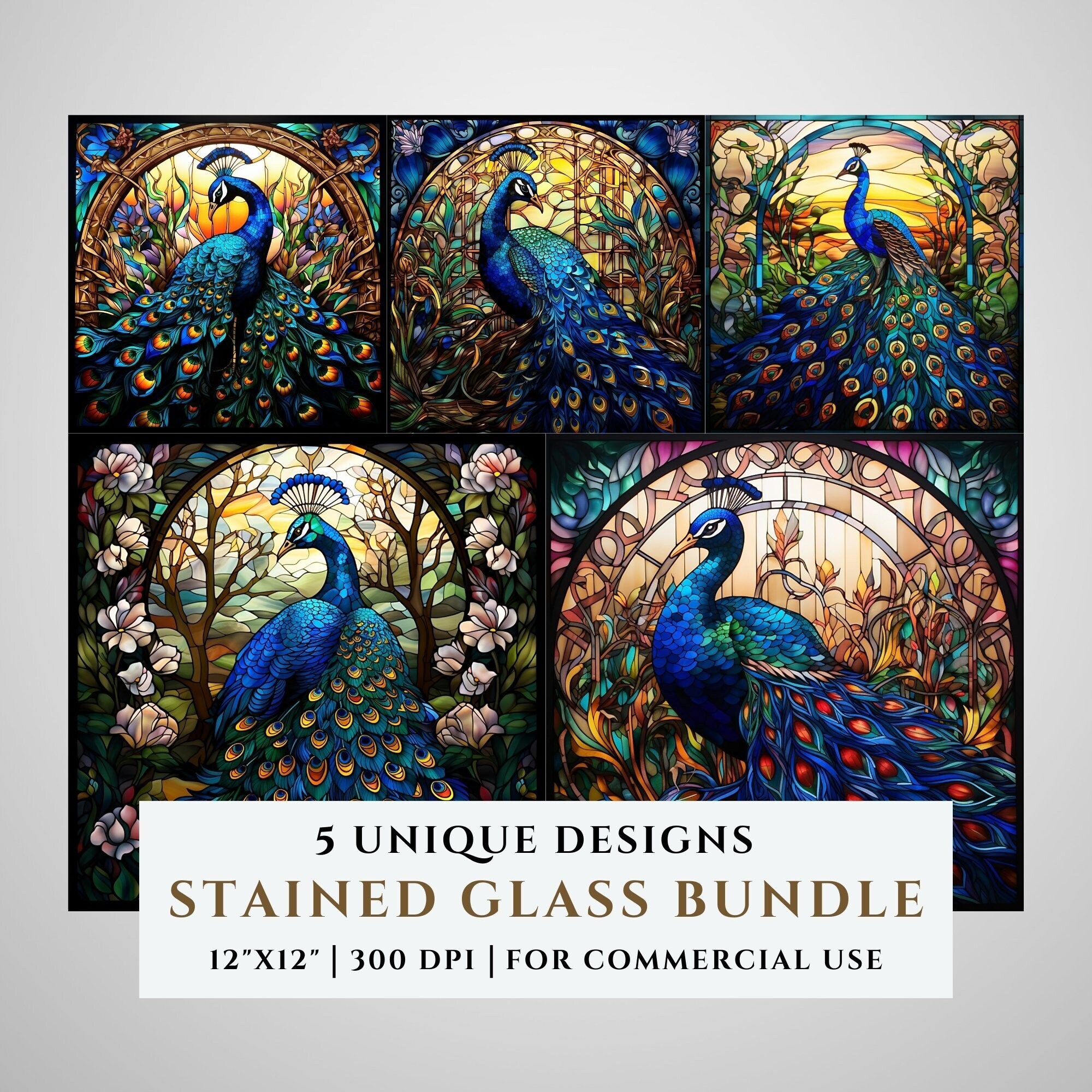 5 Peacock Stained Glass Pattern Bundle, Sublimation Designs, Stained ...