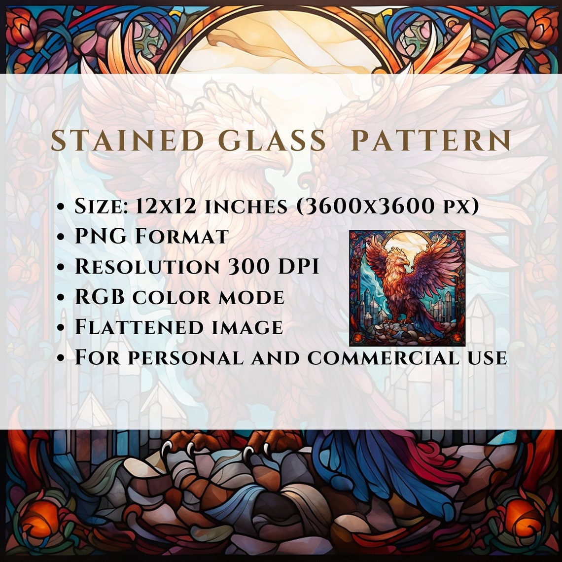 Griffin Stained Glass Pattern, Sublimation Designs, Stained Glass PNG ...