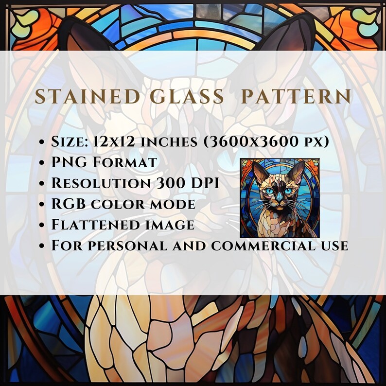 Siamese Cat Stained Glass Pattern, Cute Kitten, Sublimation Designs ...