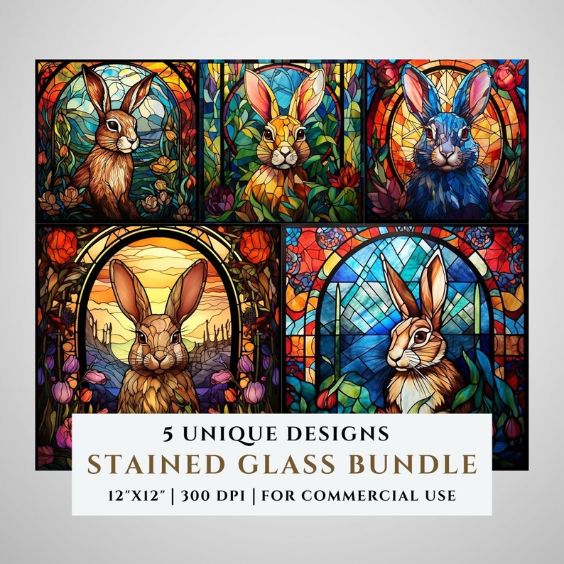 5 Rabbit Stained Glass Pattern Bundle, Sublimation Designs, Stained ...