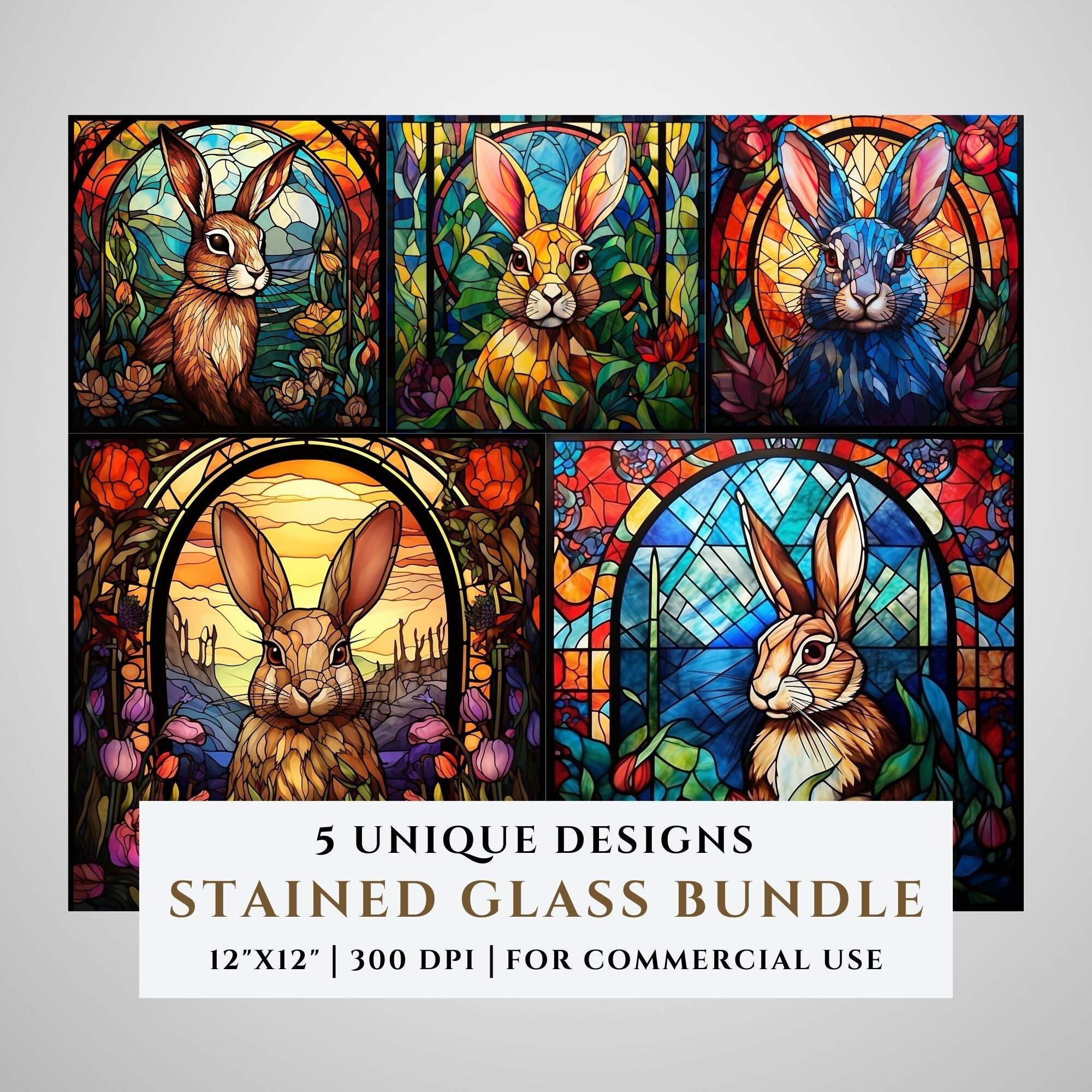5 Rabbit Stained Glass Pattern Bundle, Sublimation Designs, Stained ...