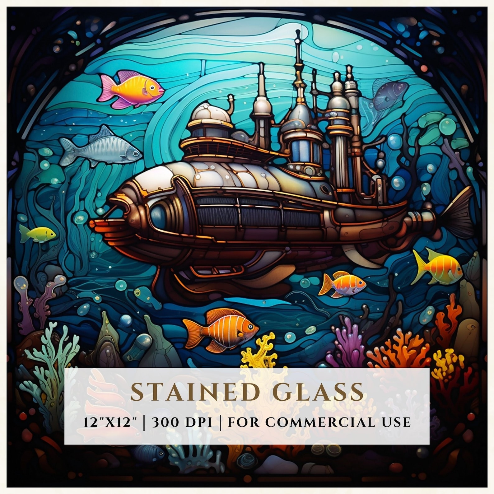 Steampunk Submarine Stained Glass Pattern, Sublimation Designs, Faux ...
