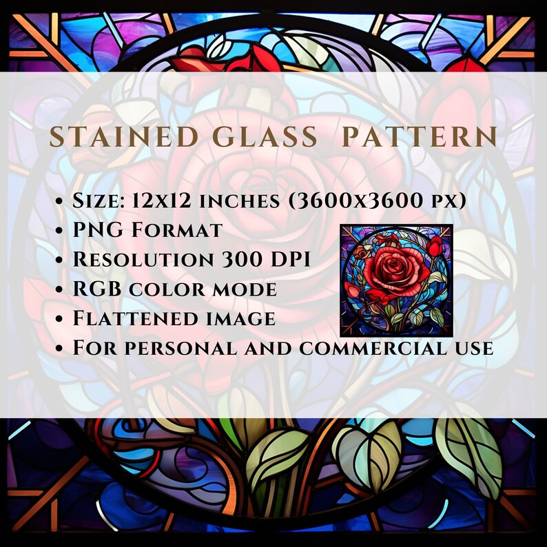 Red Rose Stained Glass Pattern, Sublimation Designs, Stained Glass PNG ...
