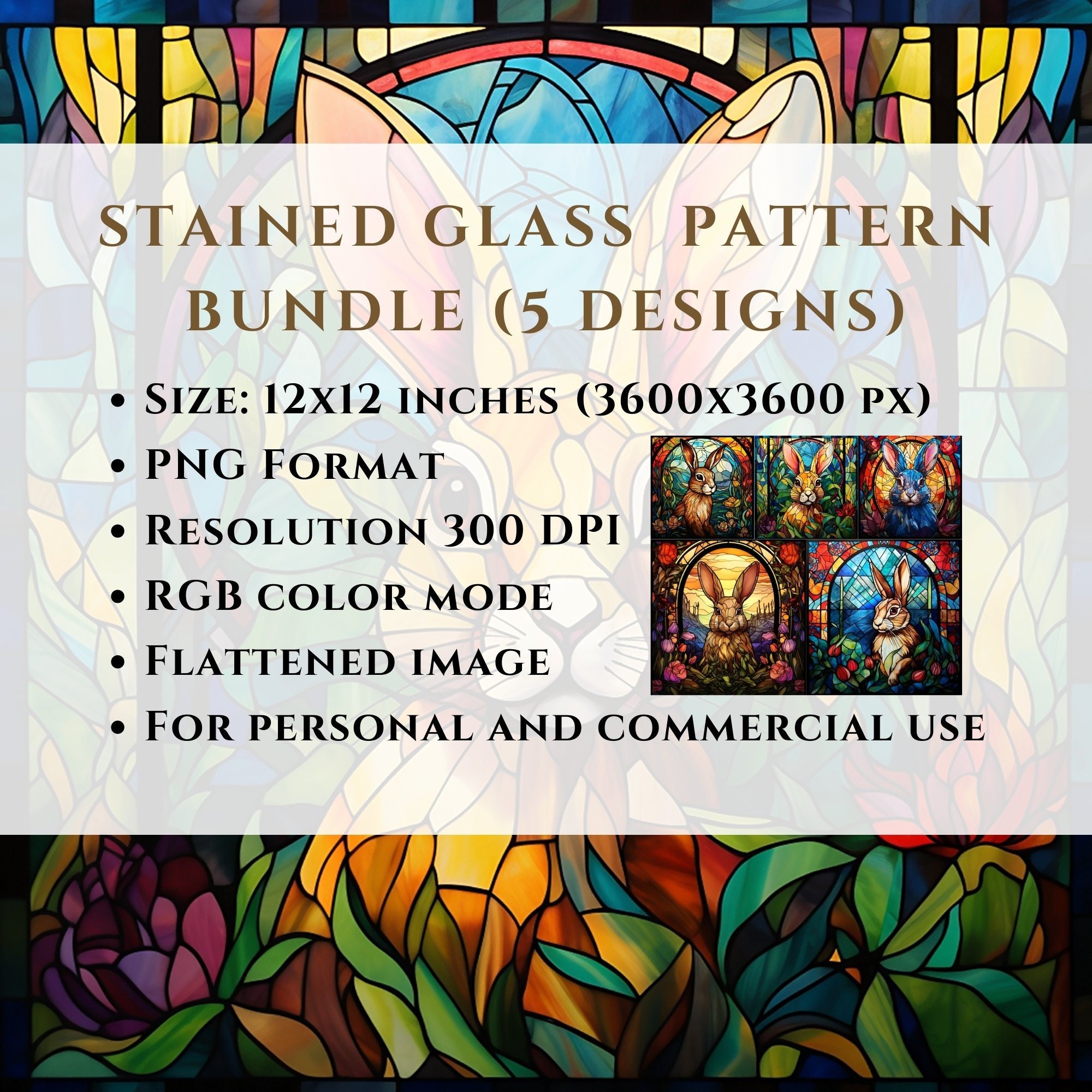 5 Rabbit Stained Glass Pattern Bundle, Sublimation Designs, Stained ...
