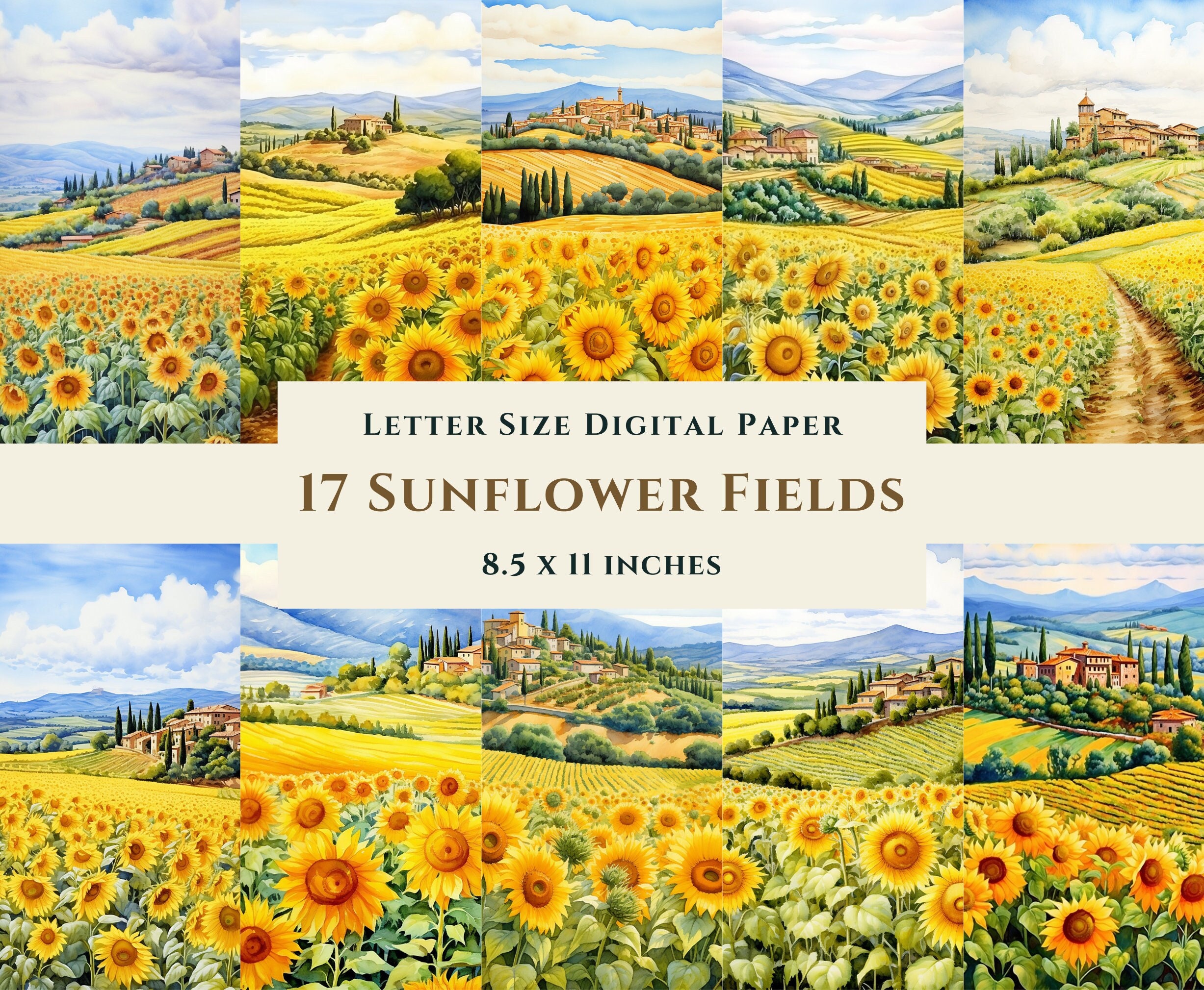 17 Sunflower Fields Printable Digital Paper Bundle, Watercolor, Instant ...