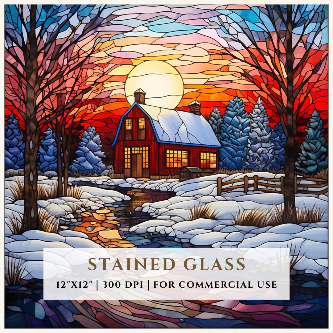 Winter Cabin Stained Glass Pattern, Sublimation Designs, Stained Glass ...