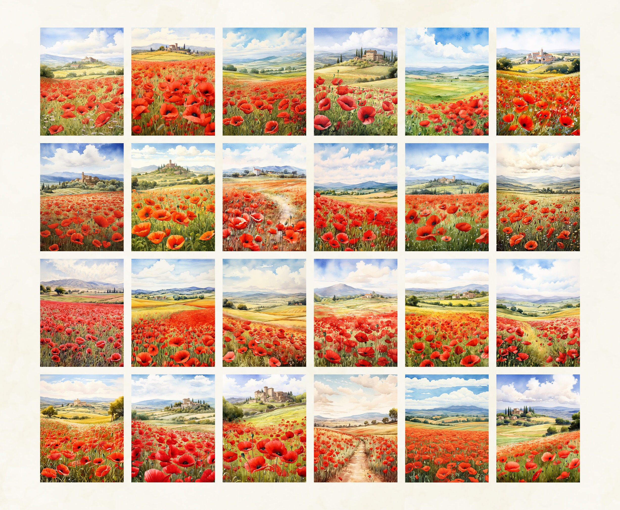 24 Poppy Fields Printable Digital Paper Bundle, Watercolor, Instant ...