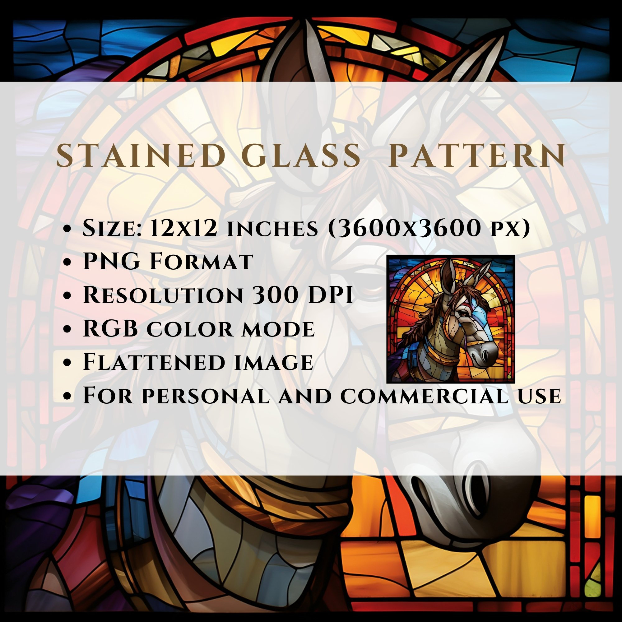 Donkey Stained Glass Pattern, Sublimation Designs, Stained Glass PNG ...