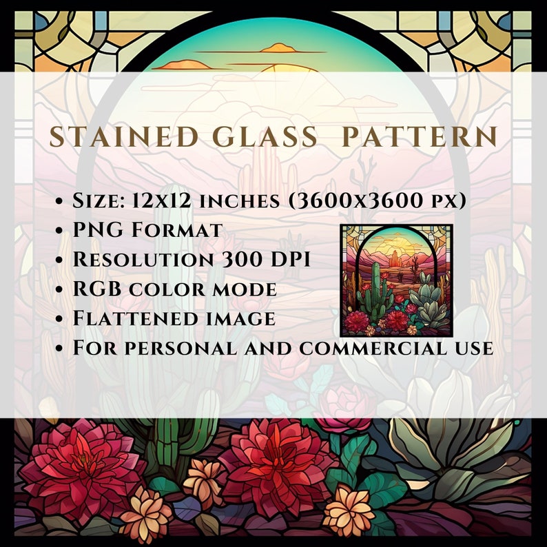 Cactus Stained Glass Pattern, Desert Landscape, Sublimation Designs ...