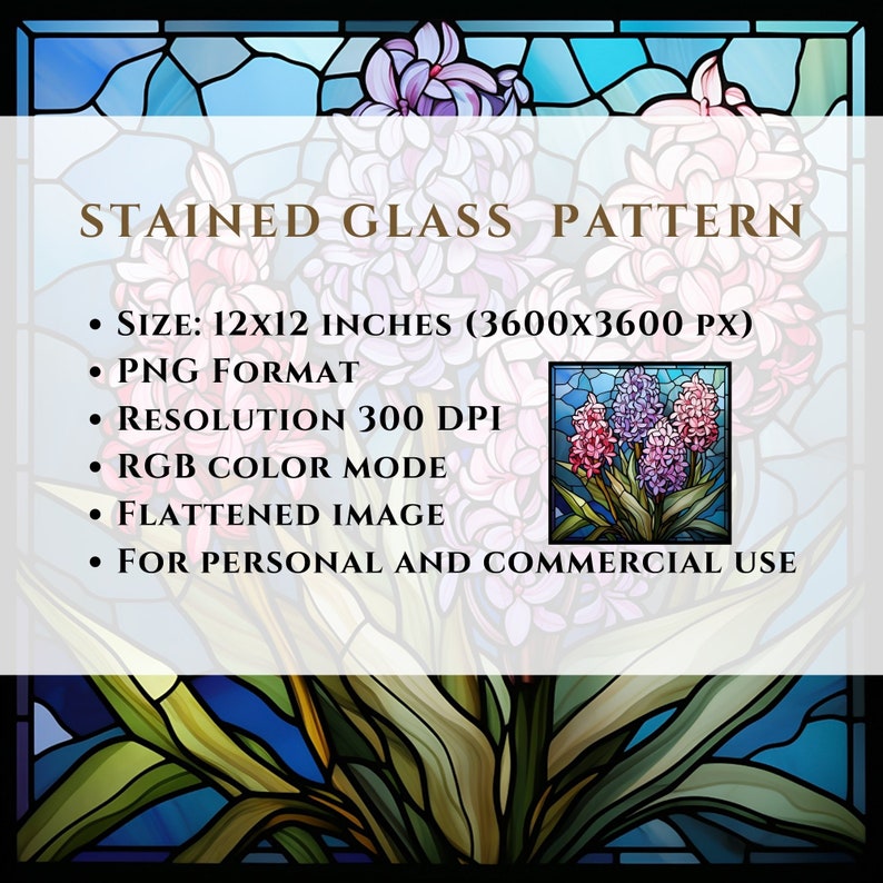 Hyacinth Flowers Stained Glass Pattern, Sublimation Designs, Stained ...