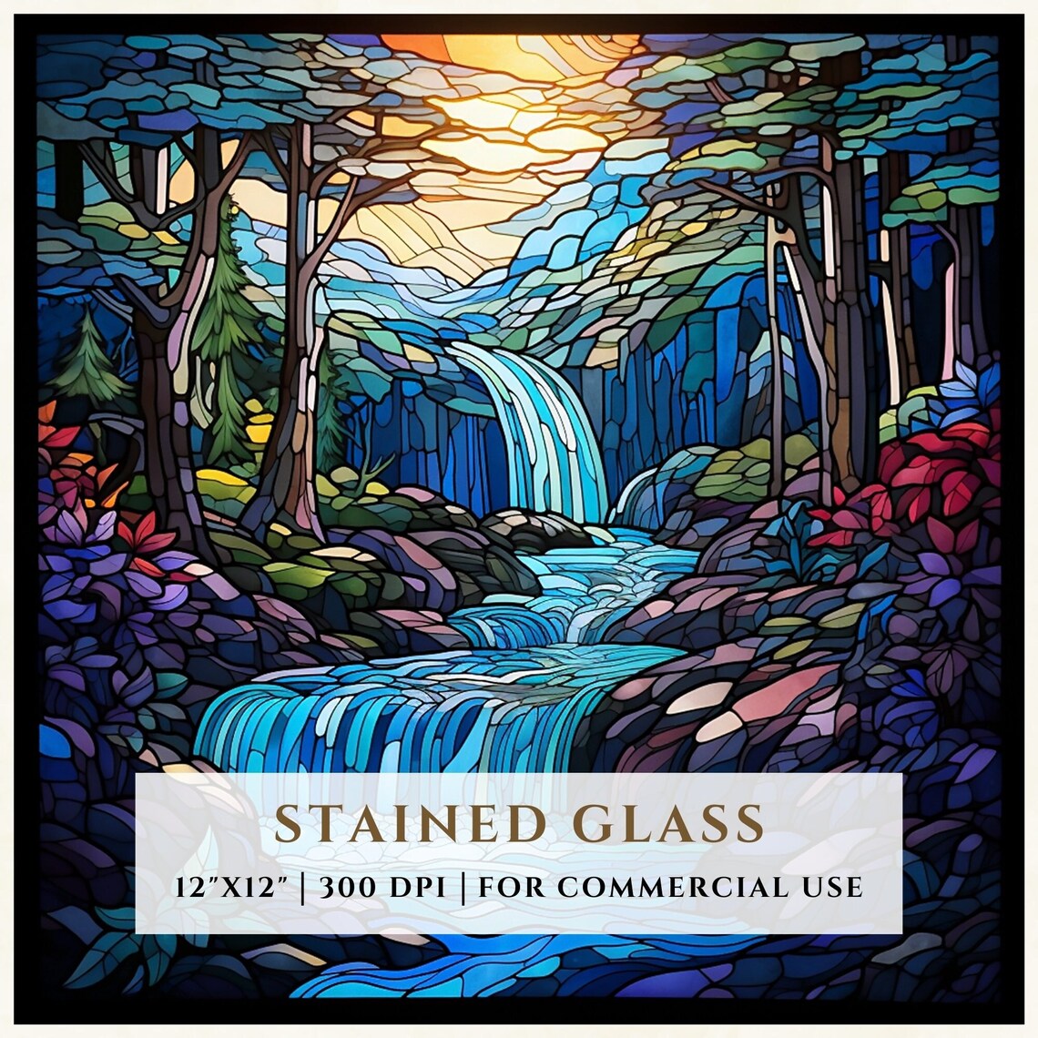 Waterfall Stained Glass Pattern, Sublimation Designs, Stained Glass PNG ...