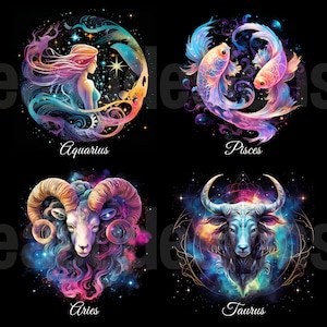 Zodiac Signs Clipart Bundle, Fantasy Horoscope Digital Graphics ...