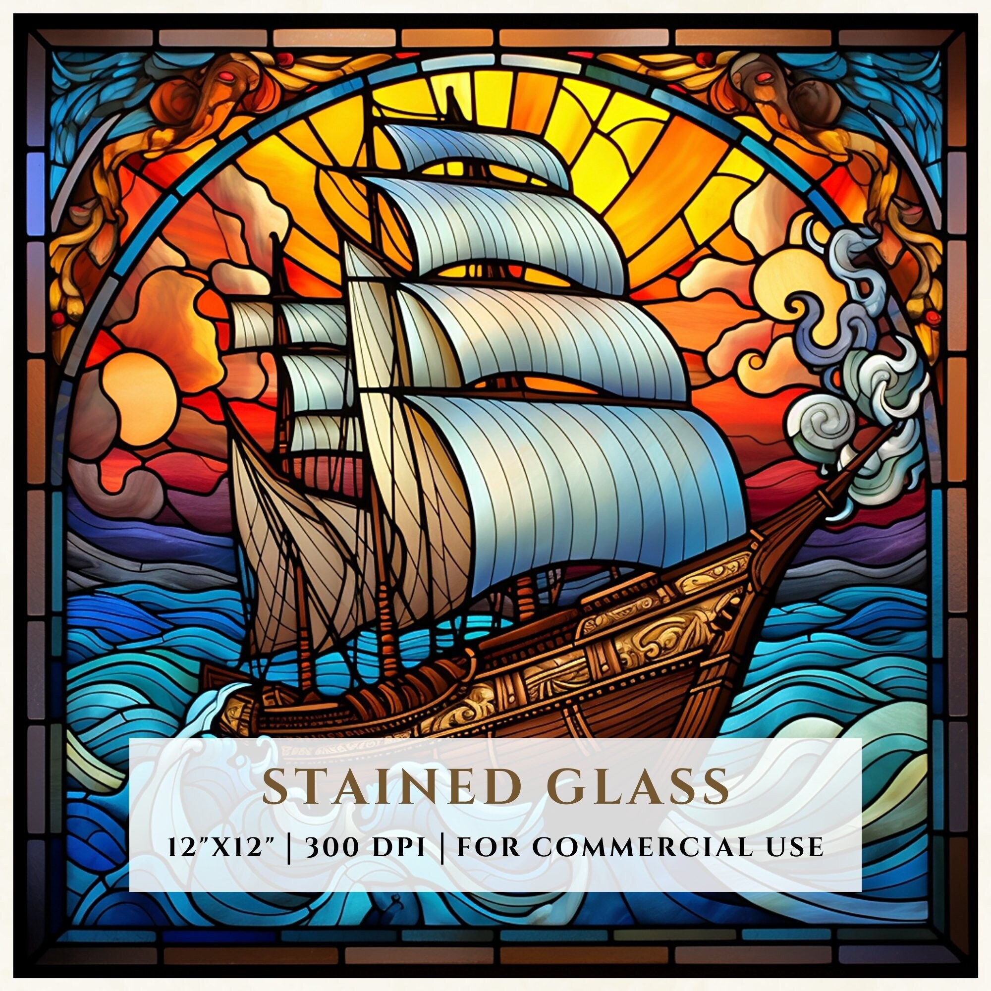 Sailing Ship Stained Glass Pattern, Ocean Waves, Sublimation Designs ...