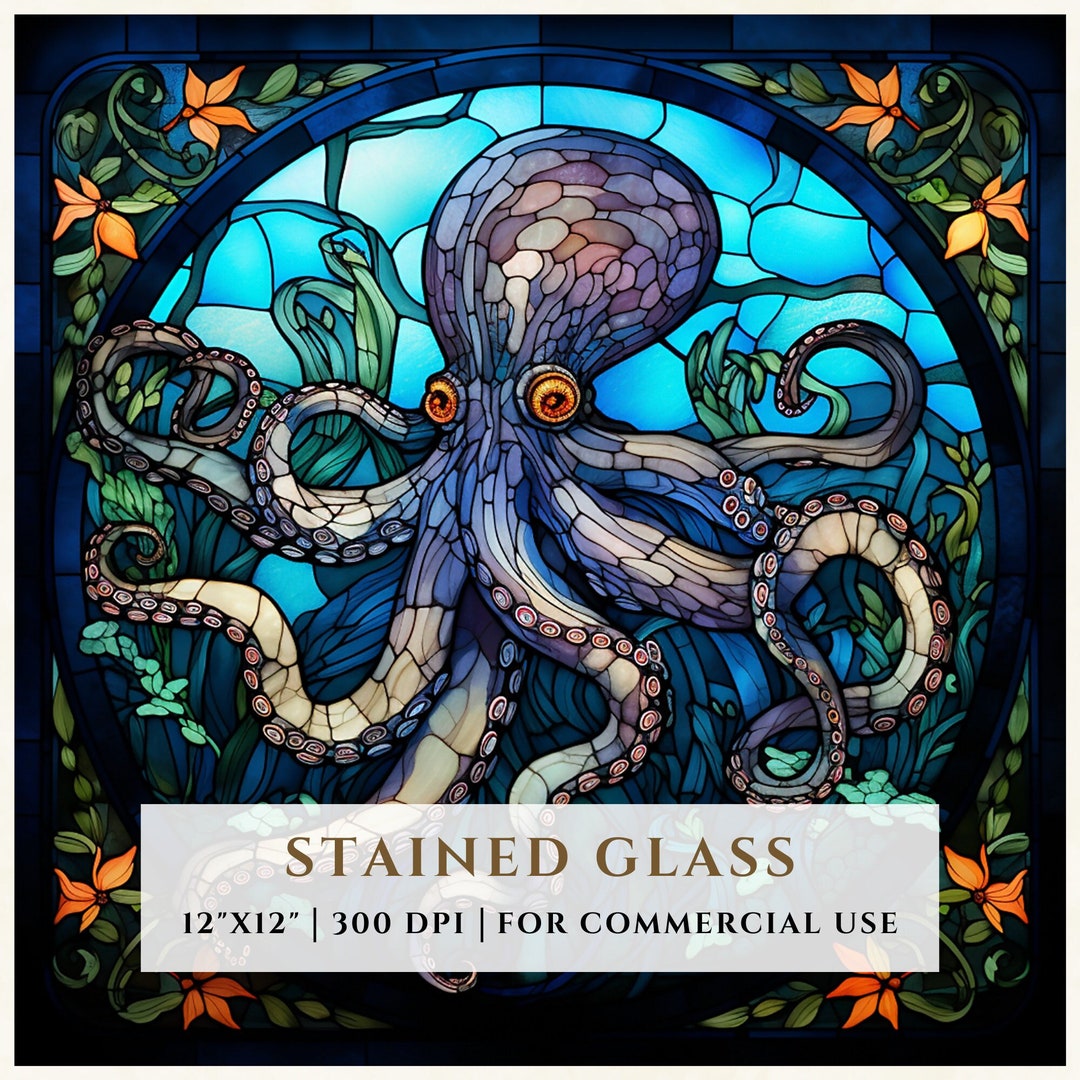 Octopus Stained Glass Pattern, Sublimation Designs, Stained Glass PNG ...