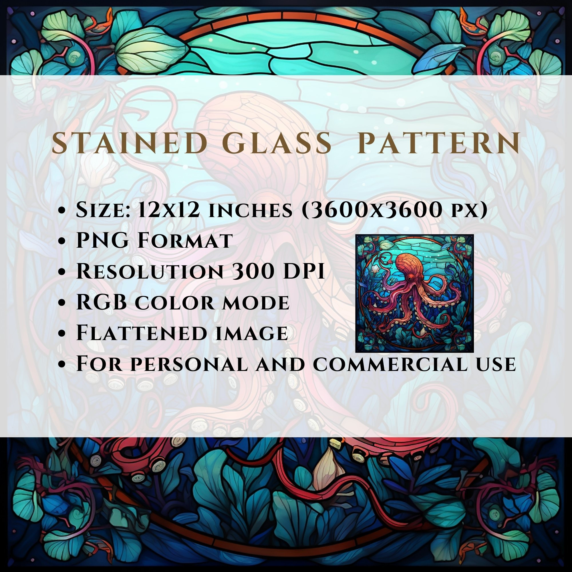 Octopus Stained Glass Pattern, Sublimation Designs, Stained Glass PNG ...