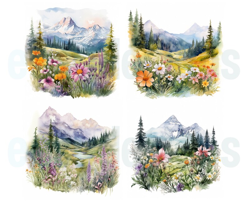 16 Watercolor Alpine Flowers Mountain High Scenery Clipart Bundle ...
