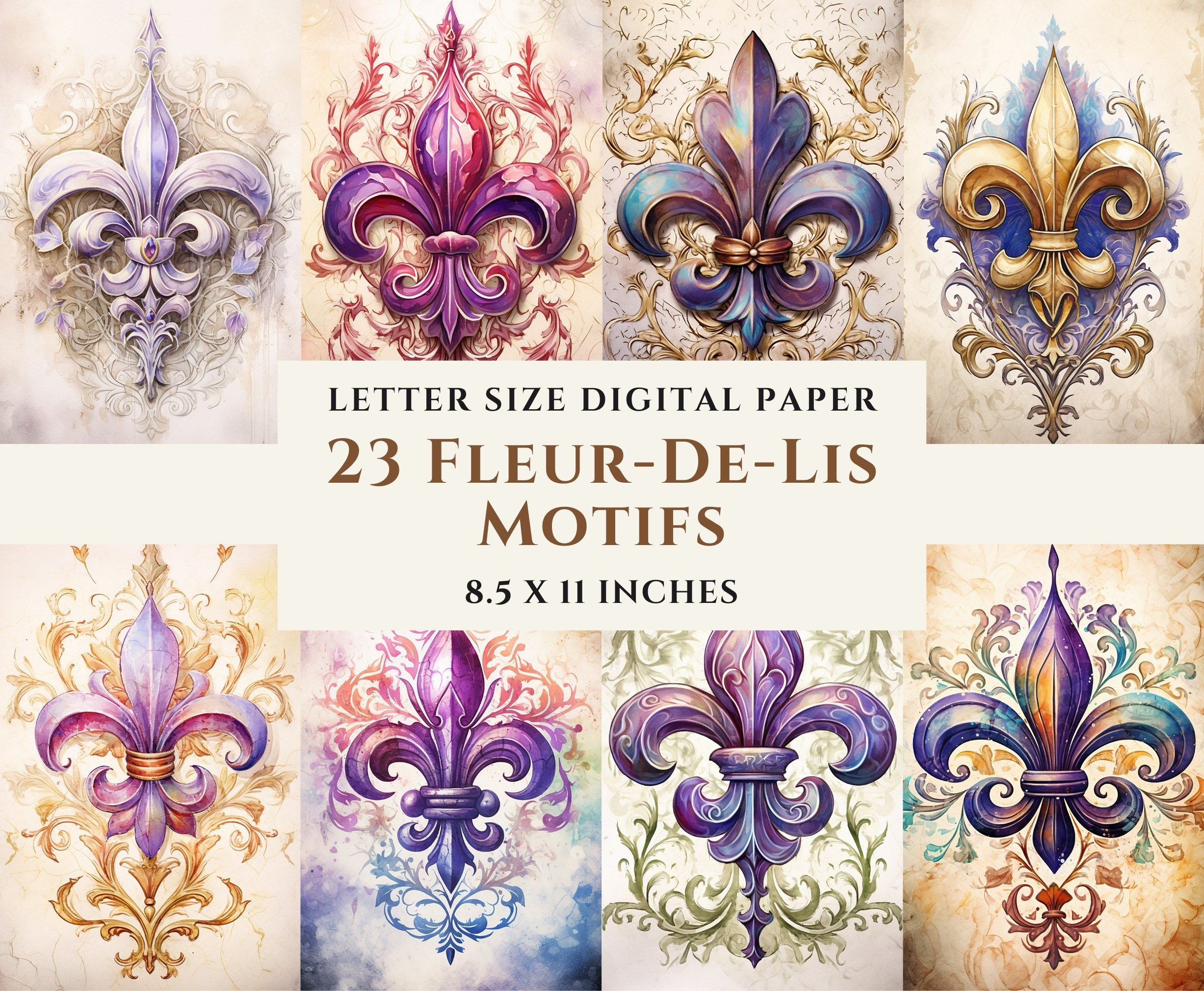 23 Fleur-de-lis Motifs Printable Digital Paper Bundle, Watercolor ...