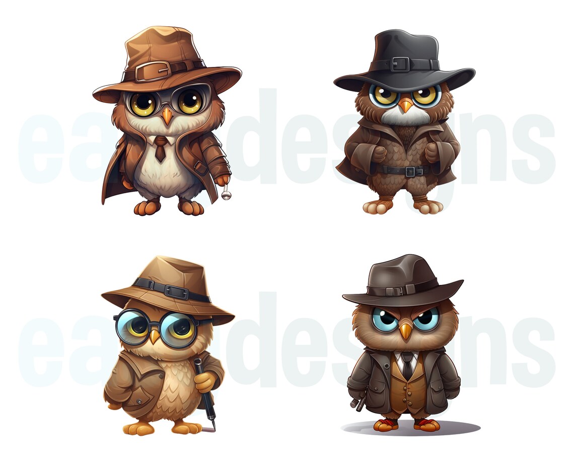 15 Owl Detective Clipart Bundle, Transparent Background, Digital ...