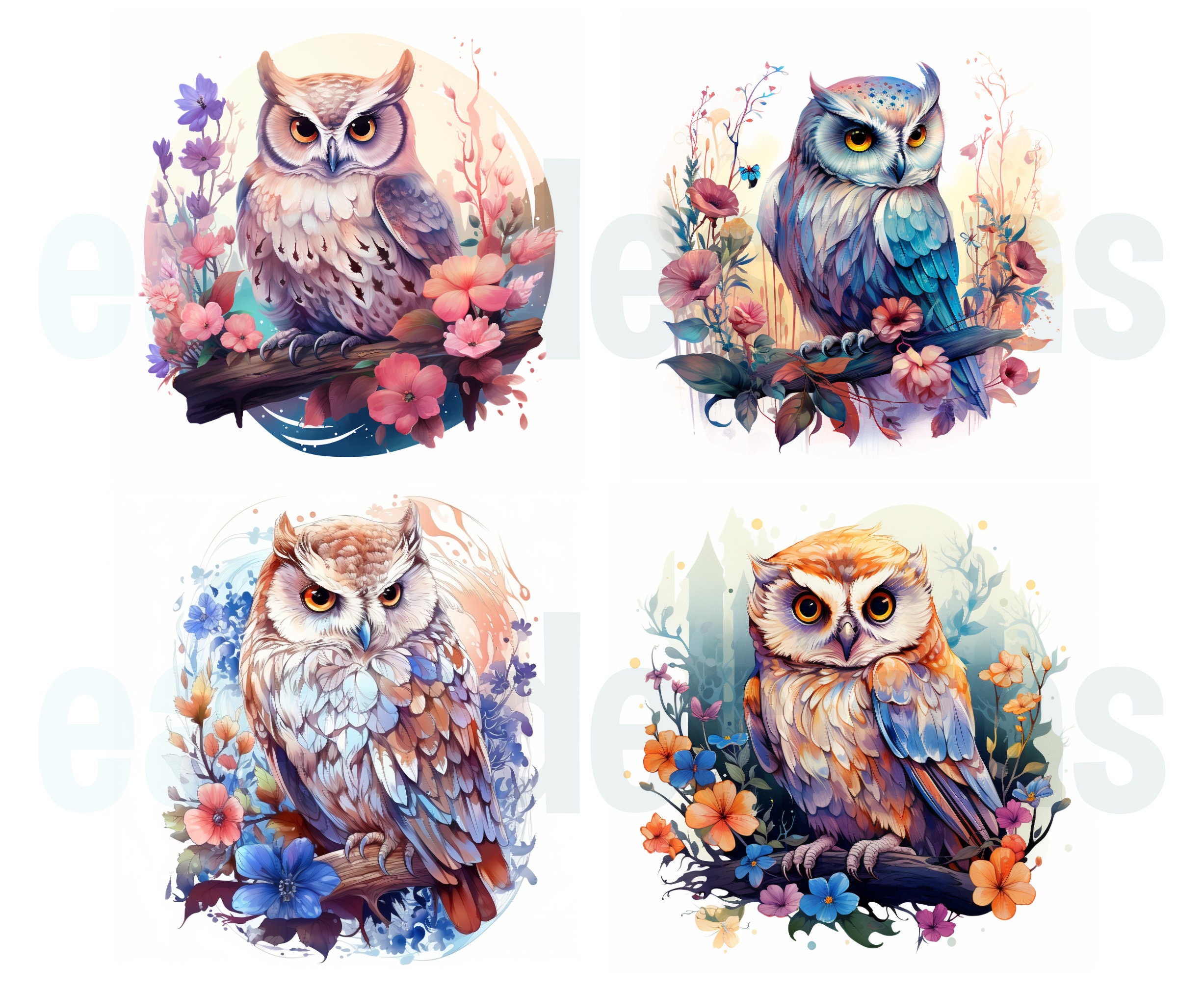 28 Watercolor Owls Floral Clipart Bundle, Digital Graphics, Instant ...
