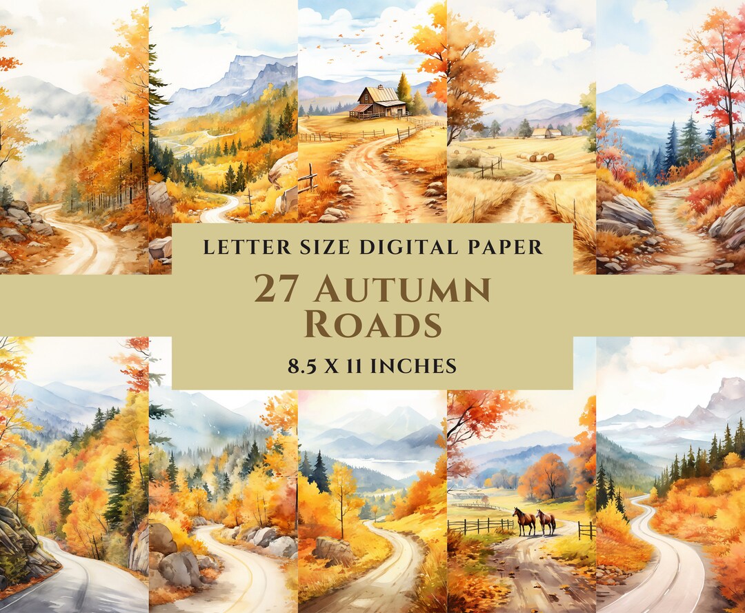 27 Autumn Roads Printable Digital Paper Bundle, Watercolor Fall, Letter ...