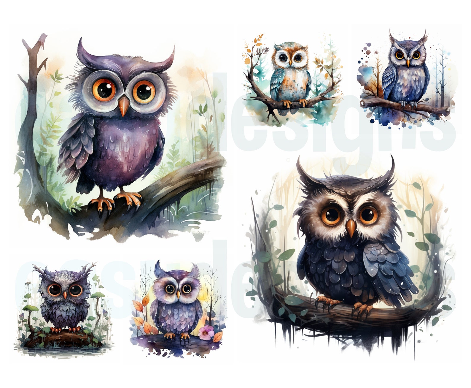 52 Watercolor Forest Owls Clipart Bundle, Digital Graphics, Instant ...