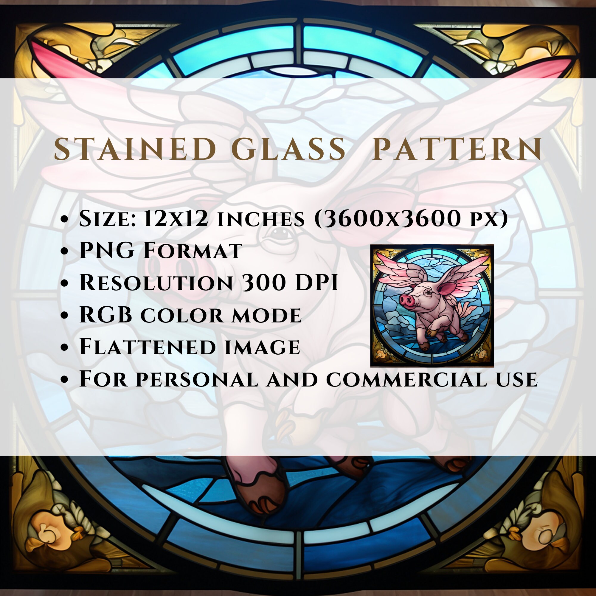 When Pigs Fly Stained Glass Pattern, Sublimation Designs, Stained Glass PNG, Faux Stained Glass ...