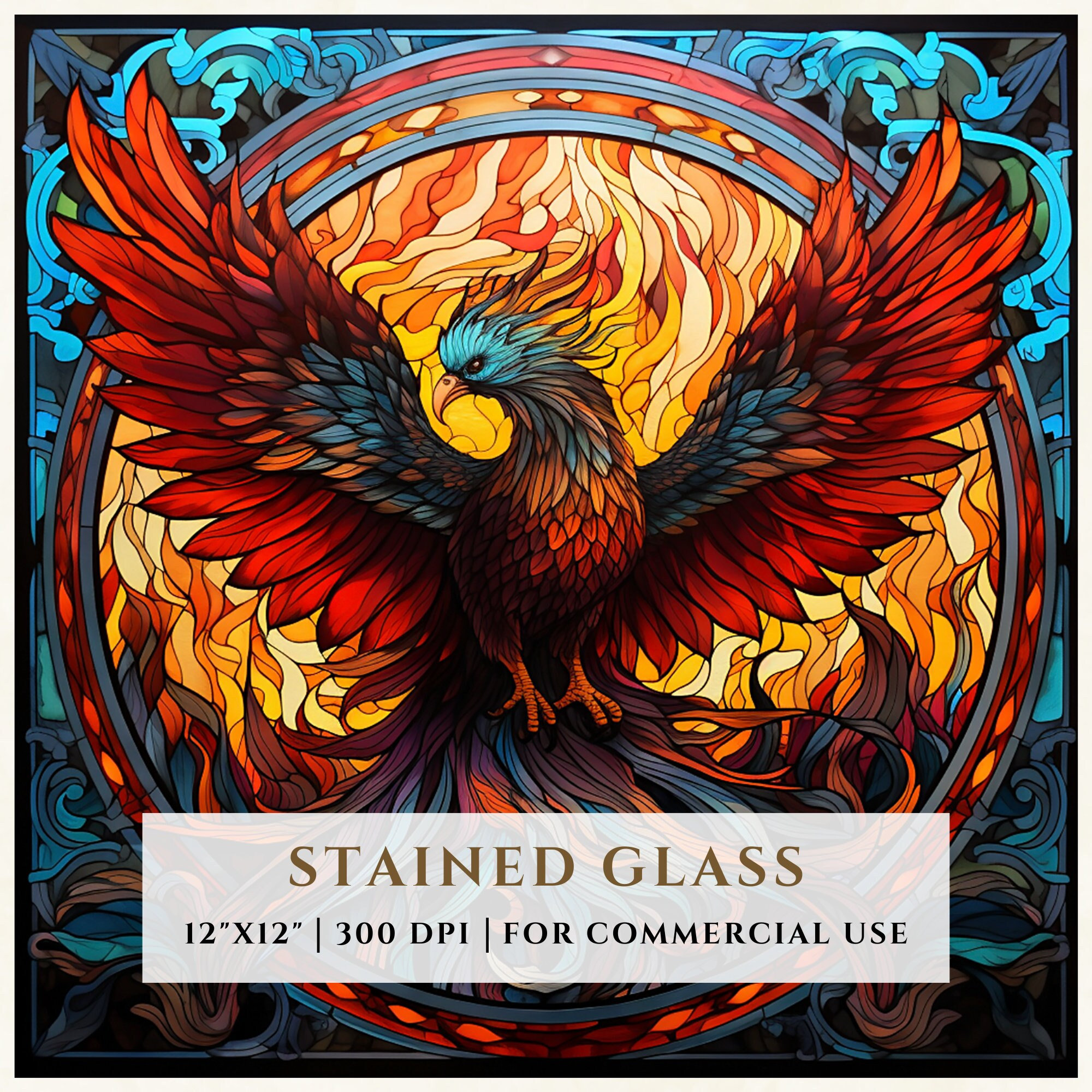 Phoenix Stained Glass Pattern, Sublimation Designs, Stained Glass PNG ...