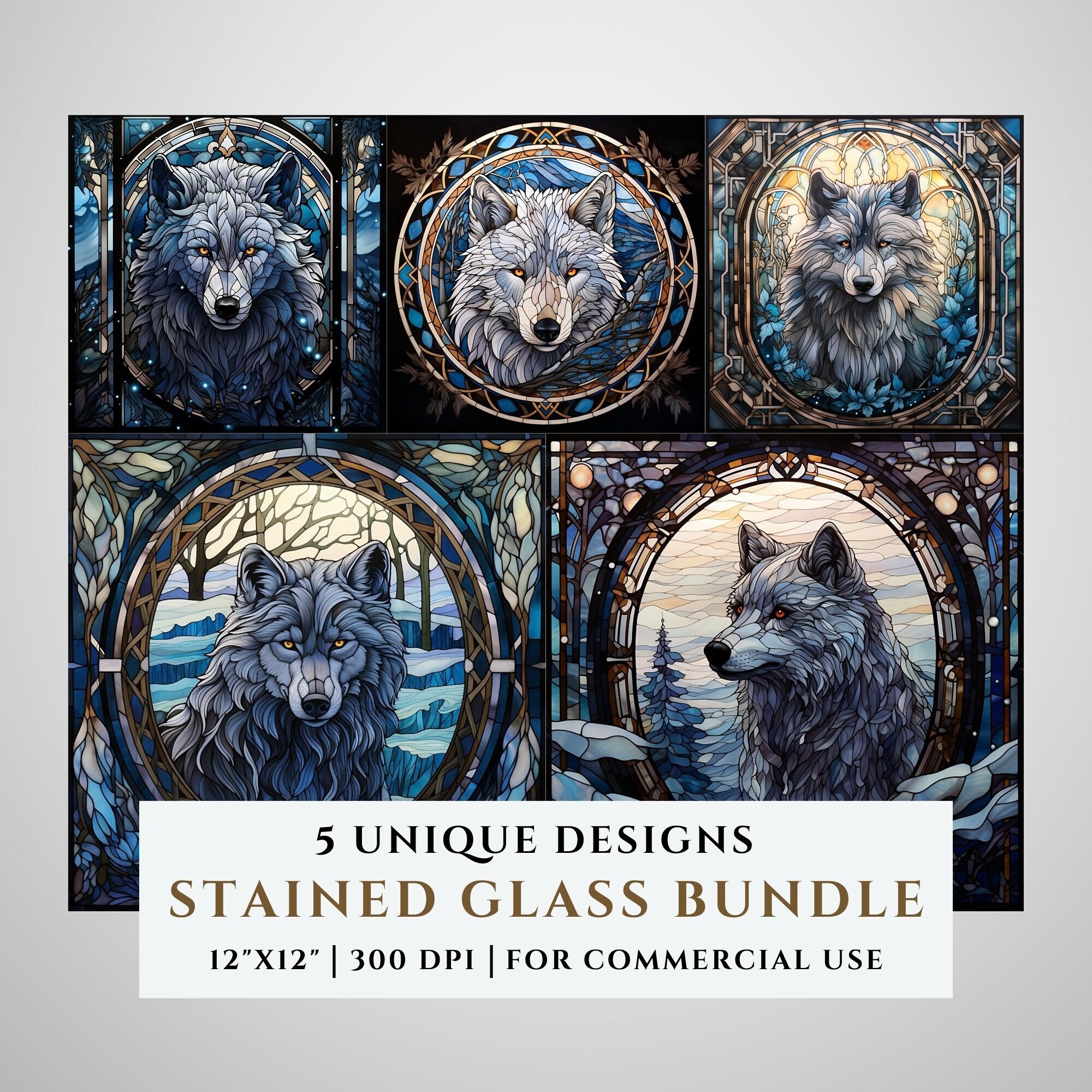 5 Arctic Wolf Stained Glass Pattern Bundle, Sublimation Designs ...