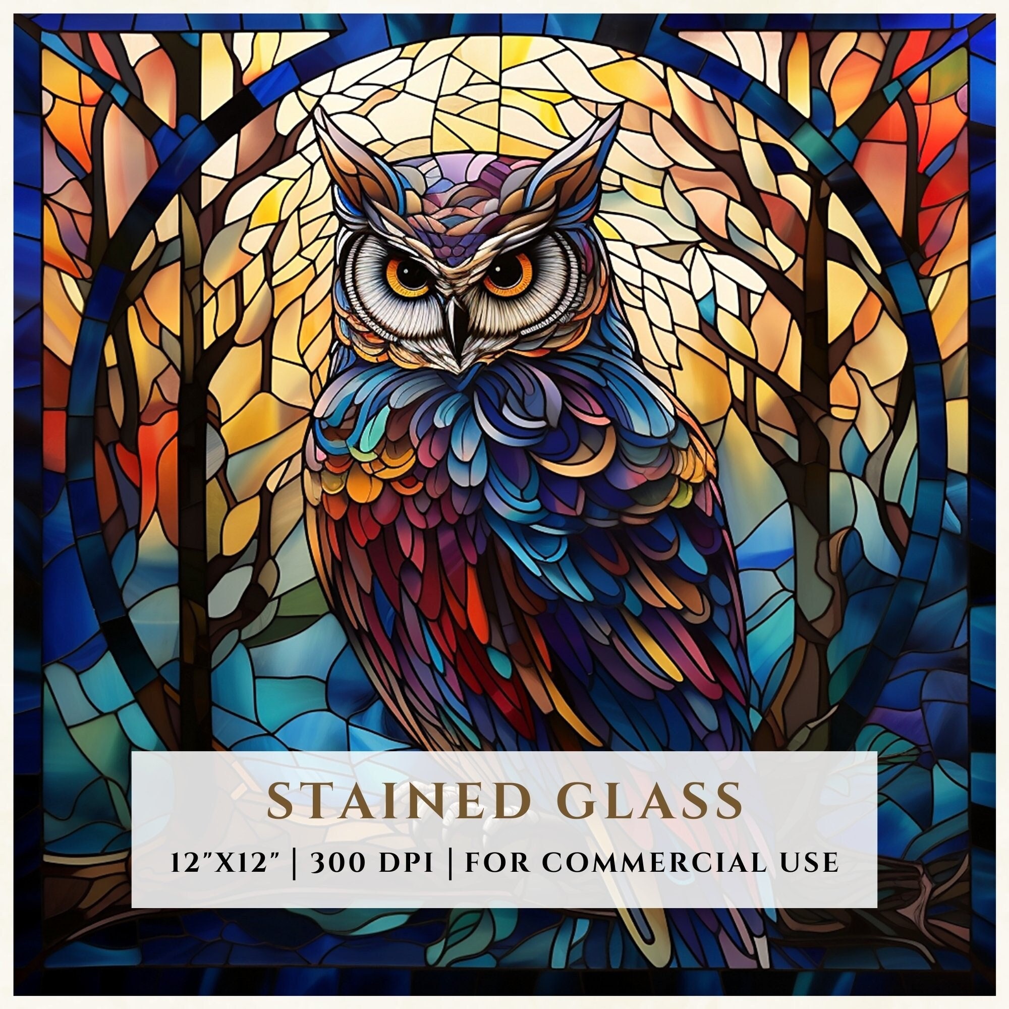 Owl Stained Glass Pattern, Sublimation Designs, Stained Glass PNG, Faux ...