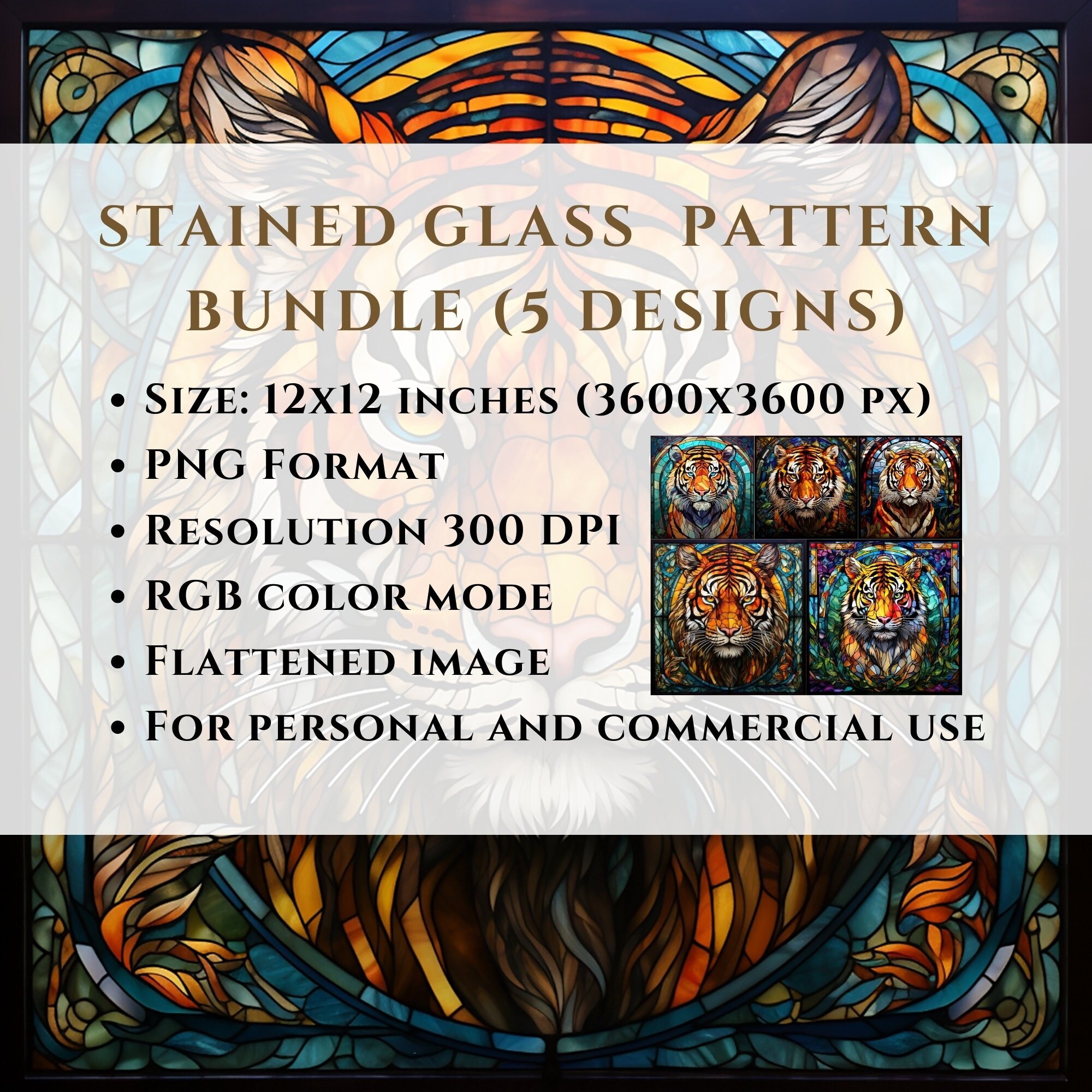 5 Tiger Stained Glass Pattern Bundle Sublimation Designs - Etsy