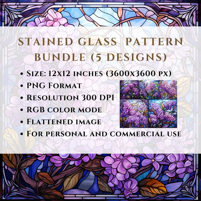 5 Lilac Stained Glass Pattern Bundle, Sublimation Designs, Stained ...